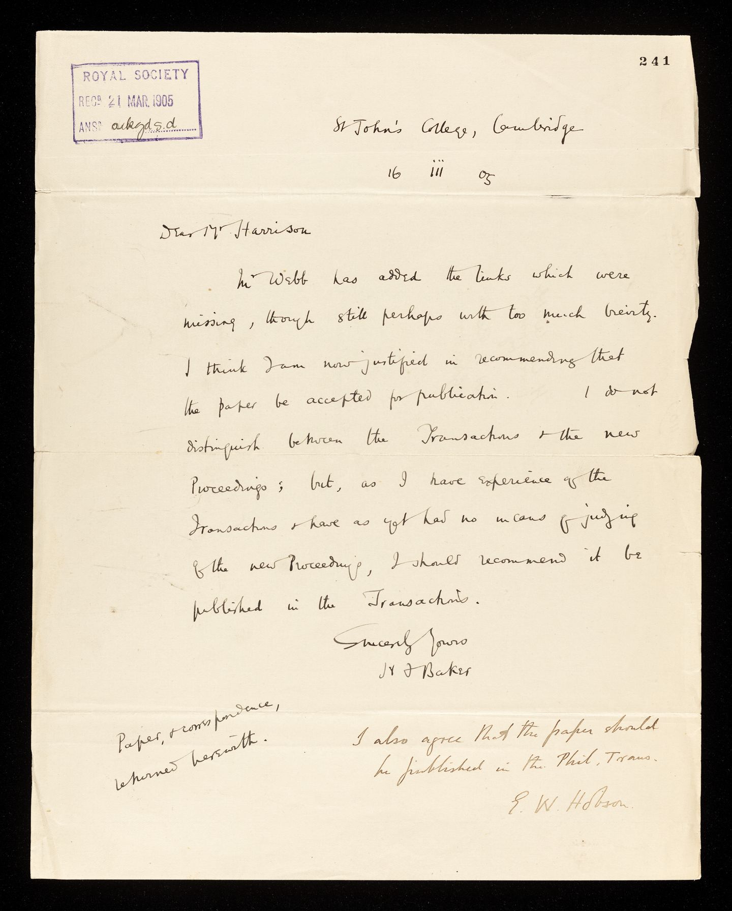 Referee's report by Henry Frederick Baker and Ernest William Hobson, on ...