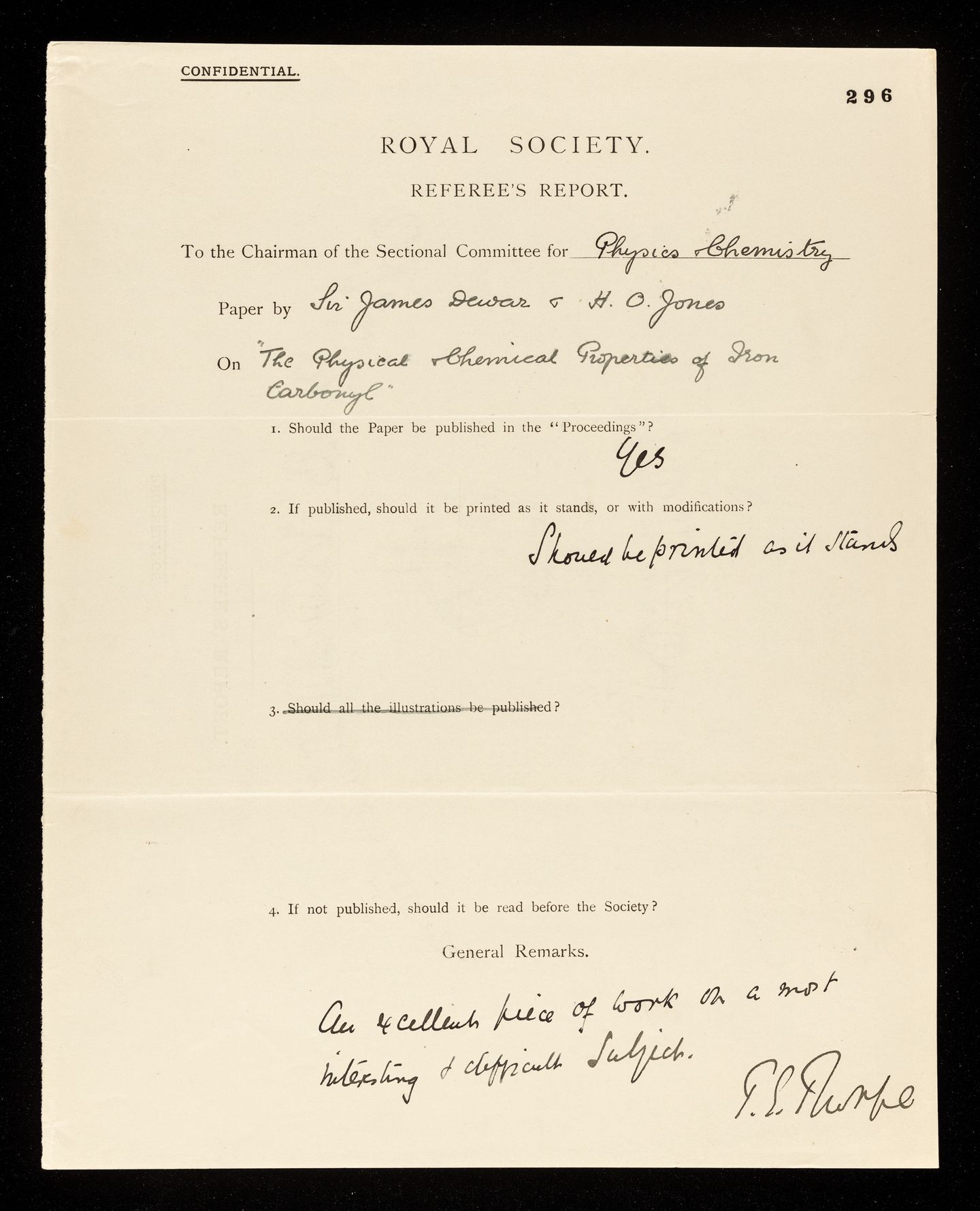 Referee's report by Thomas Edward Thorpe, on a paper 'The physical and ...