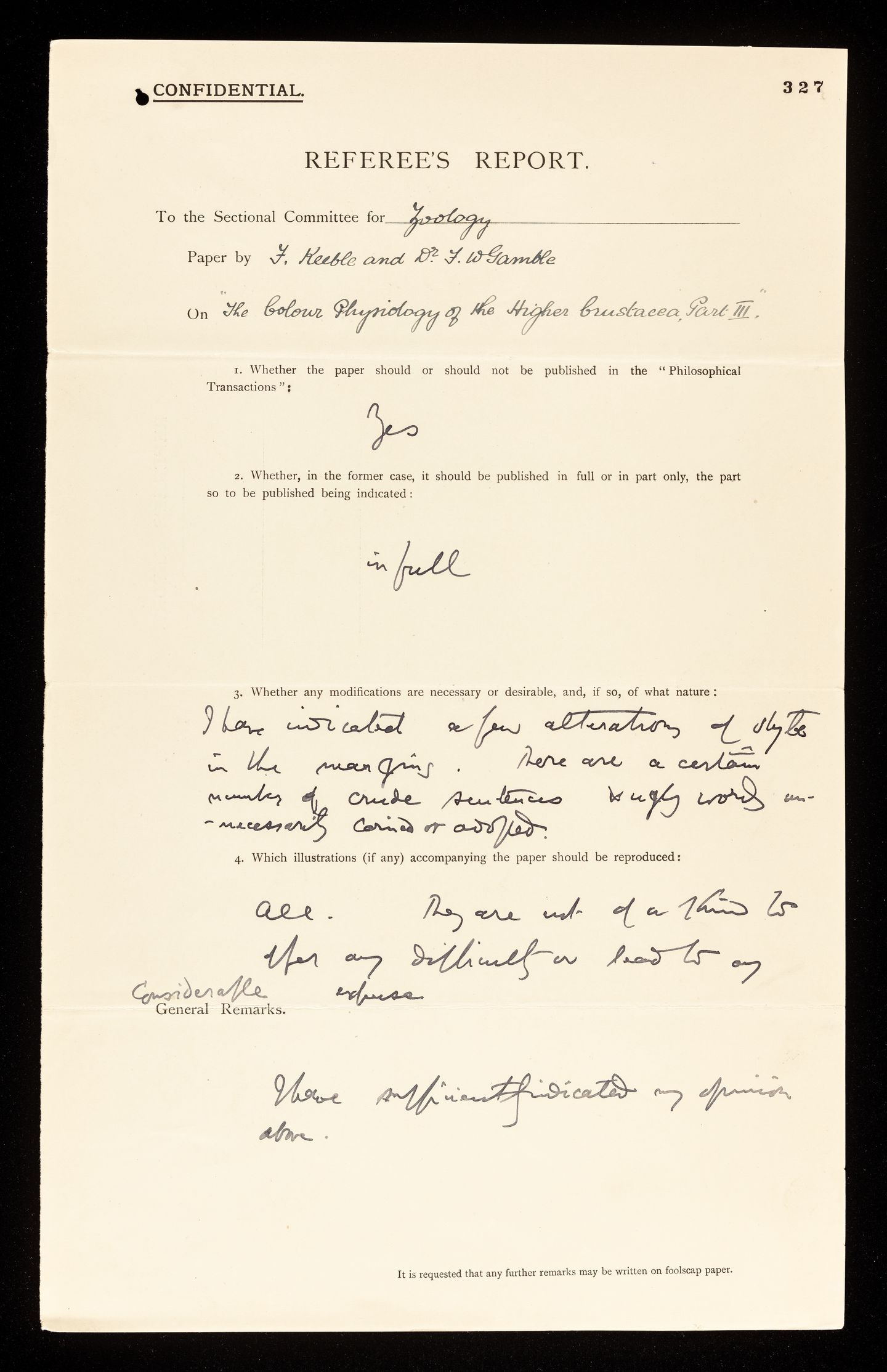 Referee's report by Edward Bagnall Poulton, on a paper 'The colour ...