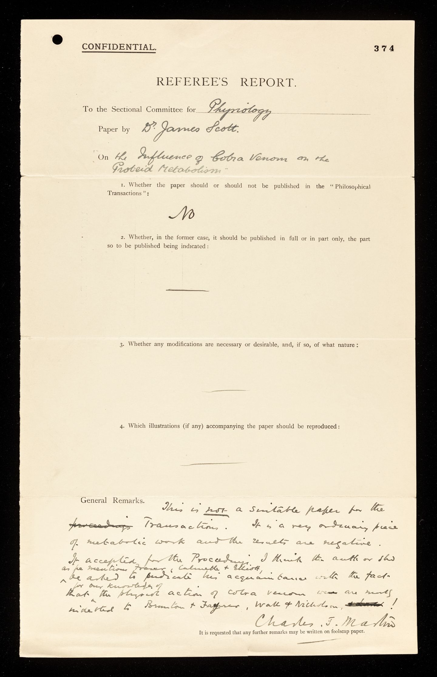 Referee's report by Charles James Martin, on a paper 'The influence of ...