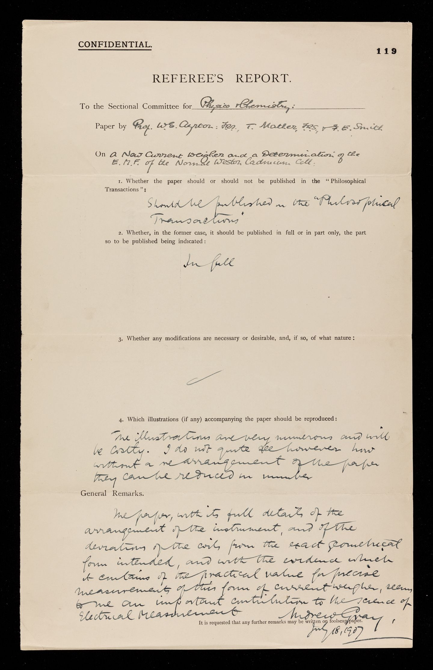 Referee's report by Andrew Gray, on a paper 'A new current weigher and ...