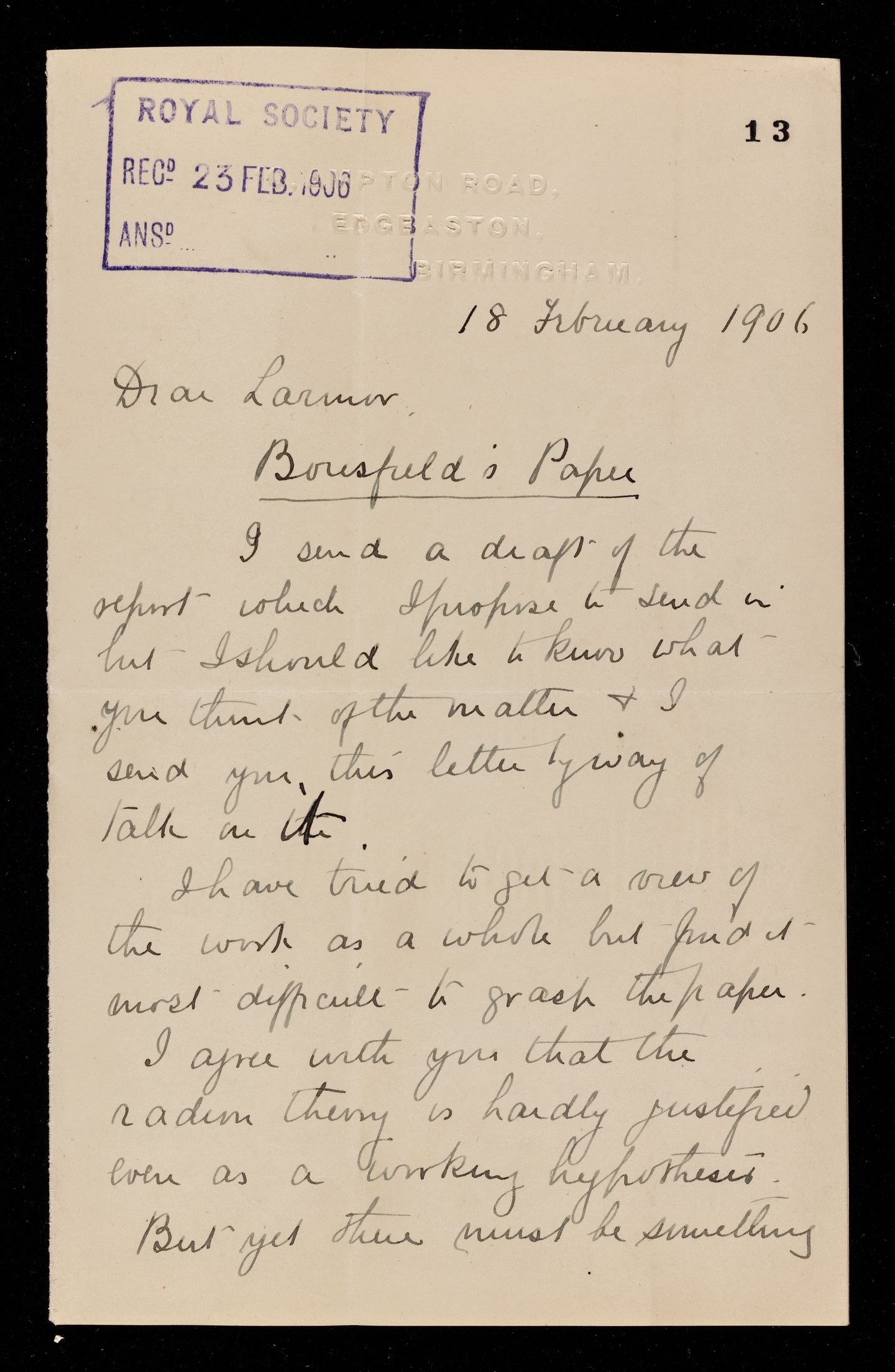 Letter from John Henry Poynting, to Joseph Larmor, on a paper 'Ionic ...