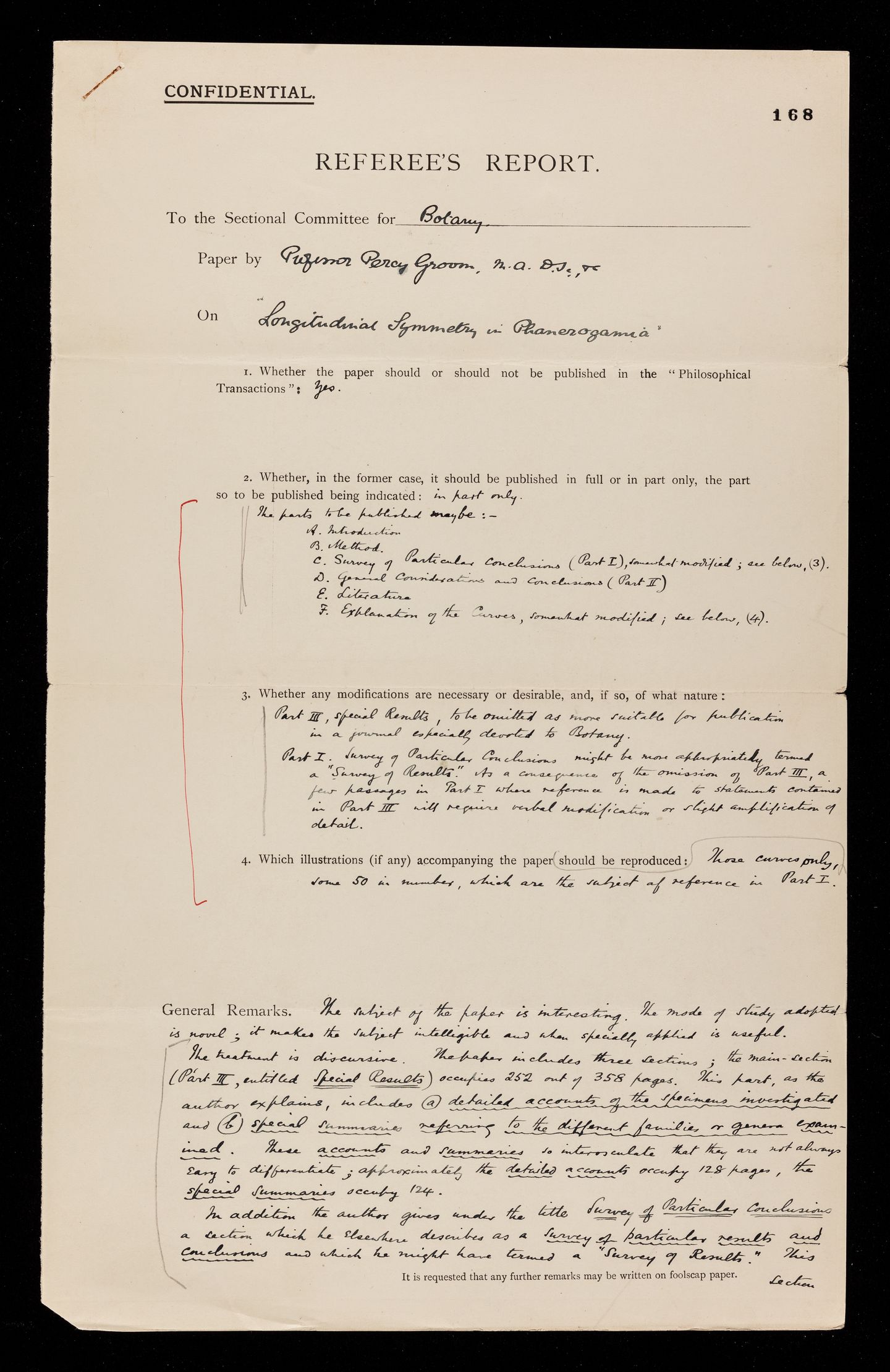 Referee's report by David Prain, on a paper 'Longitudinal symmetry in Phanerogamia' by Percy ...