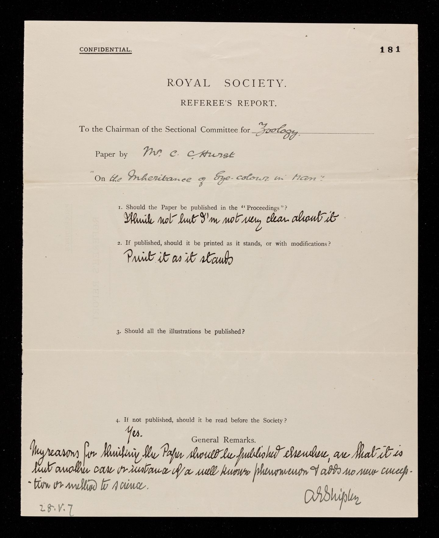 Referee's report by Arthur Everett Shipley, on a paper 'On the ...
