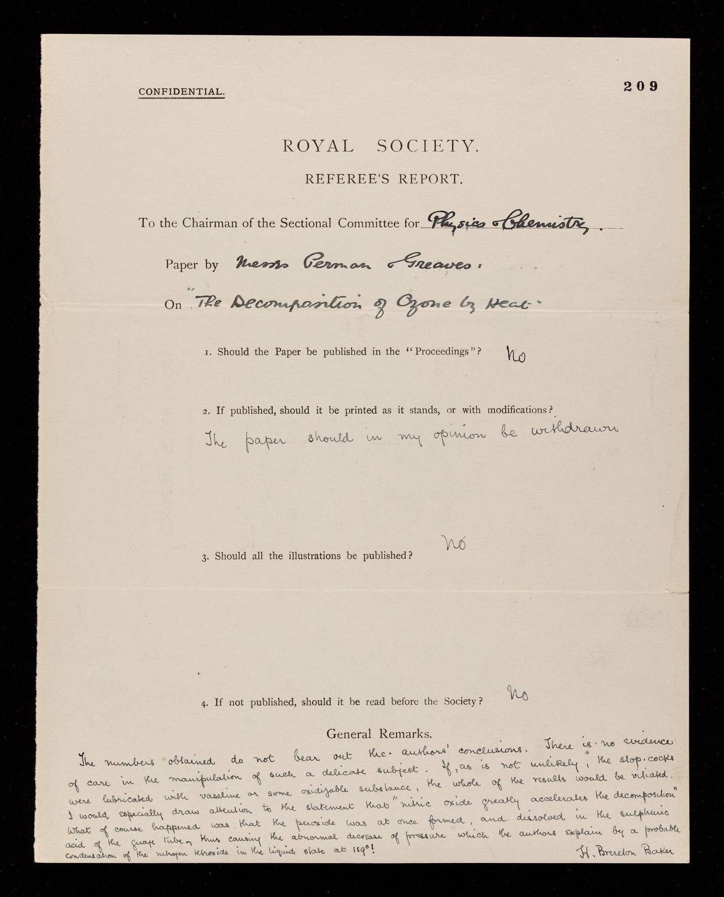 Referee's report by Herbert Brereton Baker, on a paper 'The ...