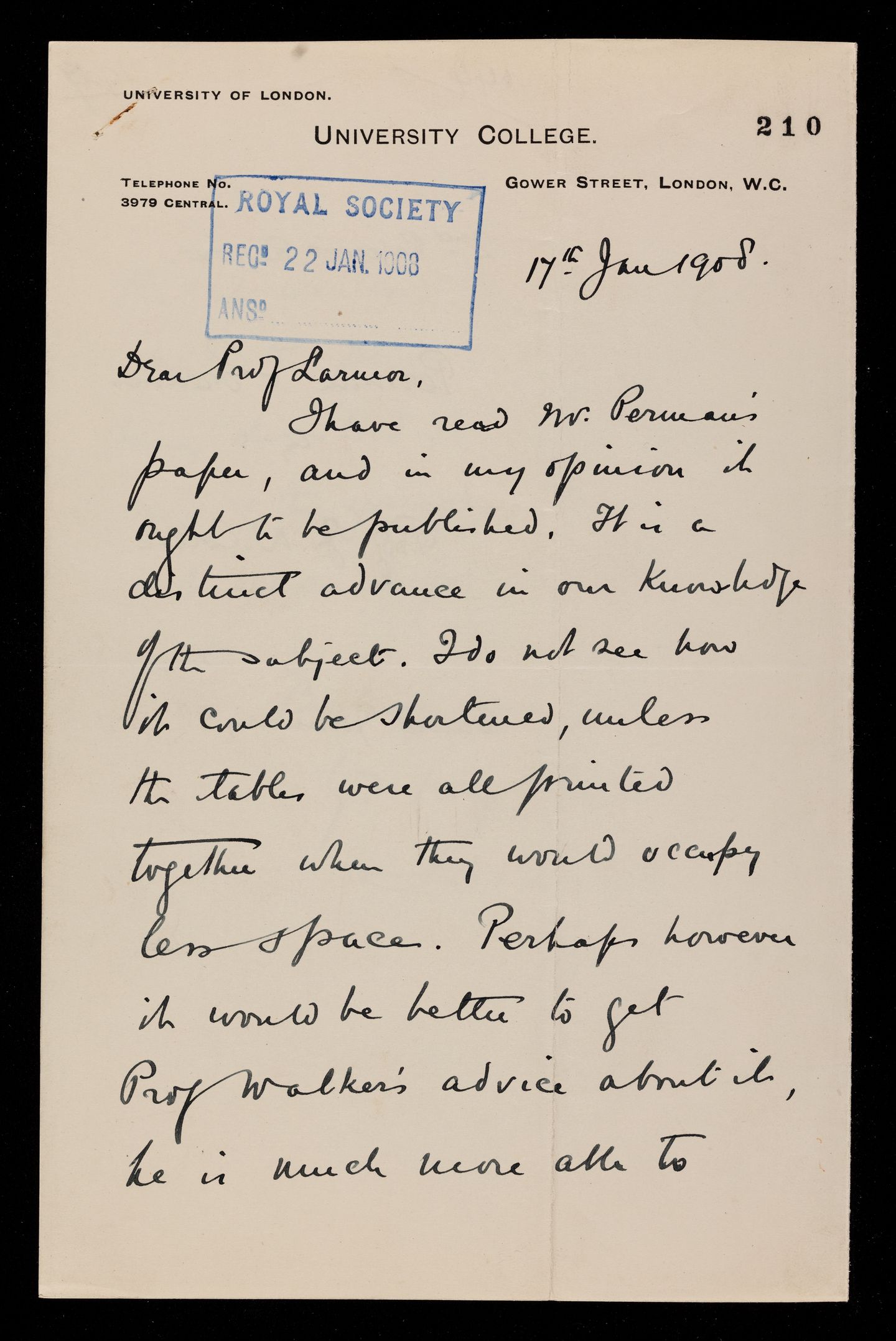 Referee's report by John Norman Collie, and accompanying letter, on a ...