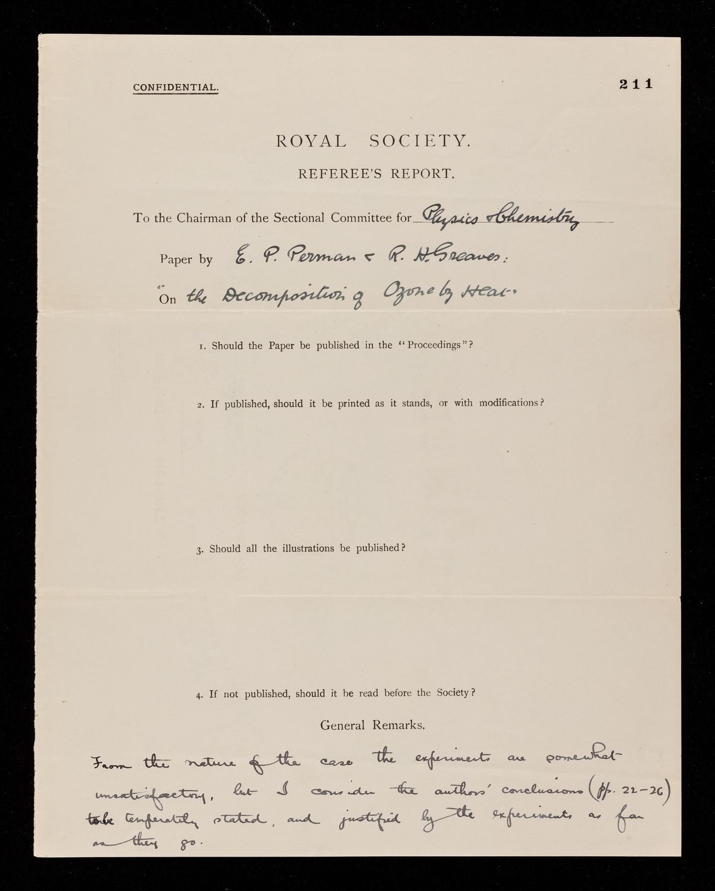 Referee's report by James Walker, on a paper 'The decomposition of ozone by heat' by Edgar ...