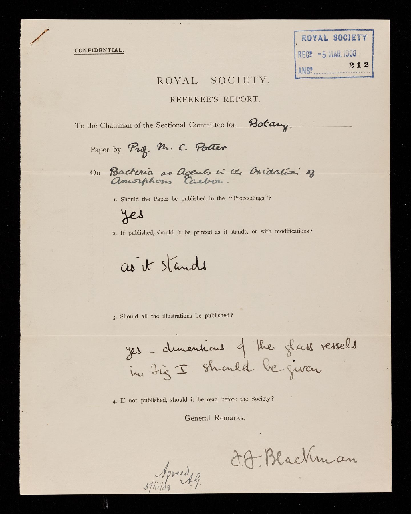 Referee's report by Frederick Frost Blackman, on a paper 'Bacteria as agents in the oxidation of ...