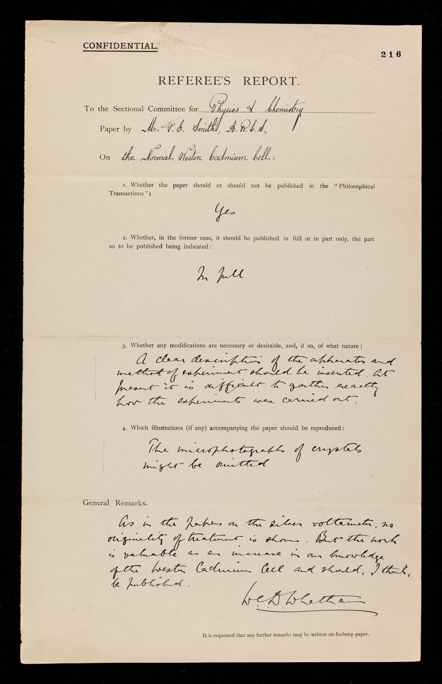 Referee's report by William Cecil Dampier Whetham, on a paper 'The ...