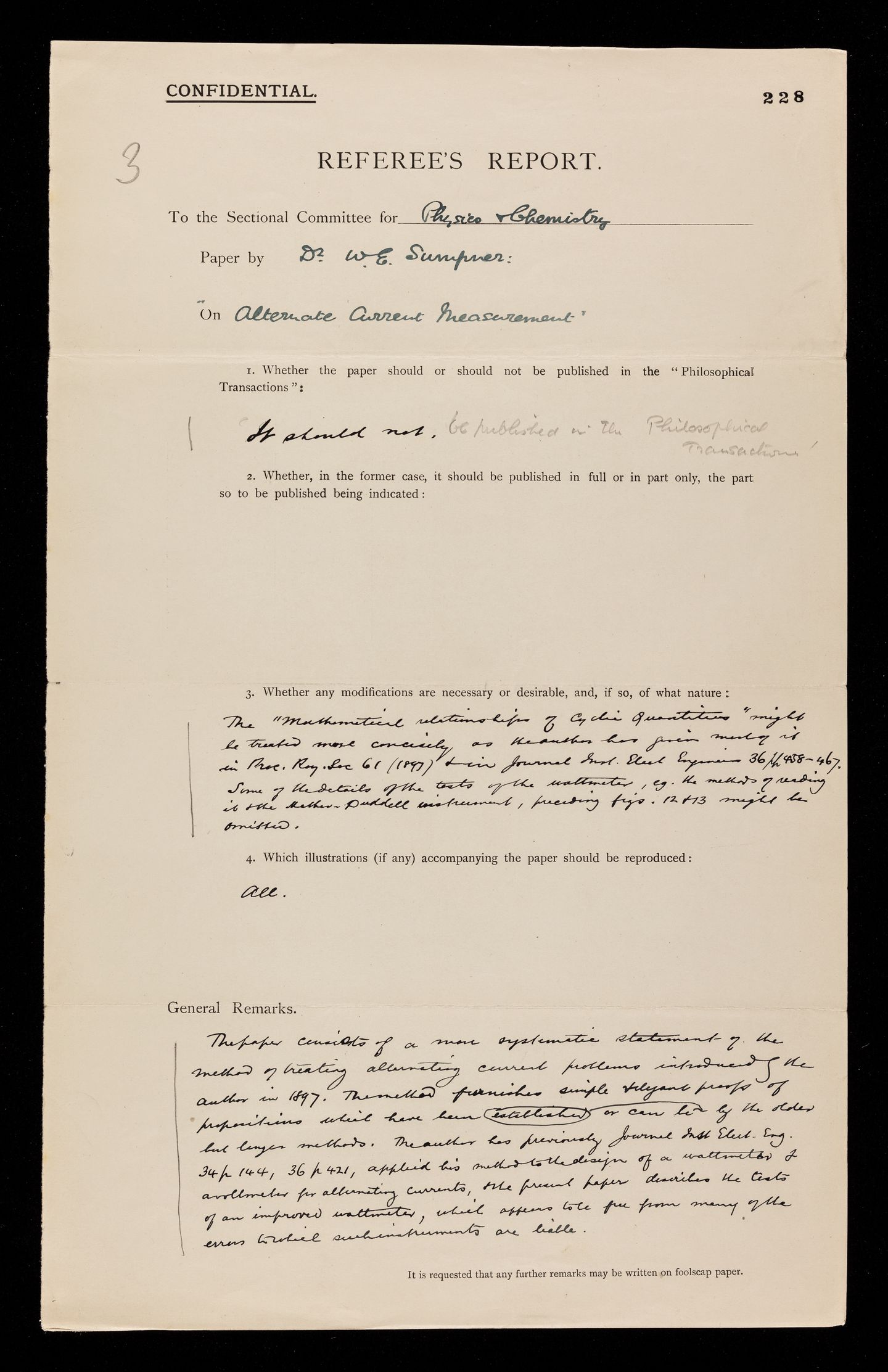 Referee's report by Charles Herbert Lees, on a paper 'Alternate current measurement' by W E ...
