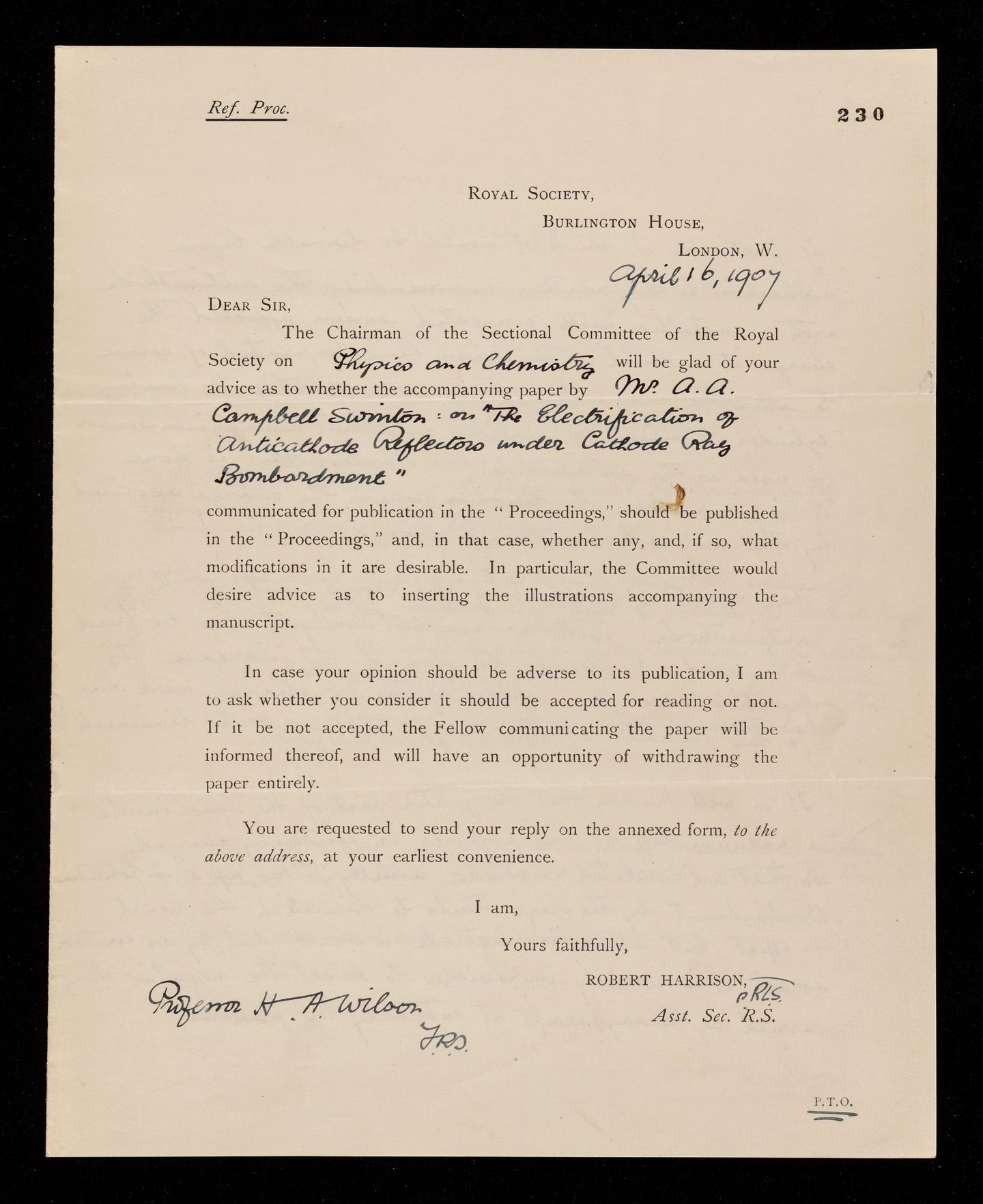 Referee's report by Harold Albert Wilson, on a paper 'On the ...