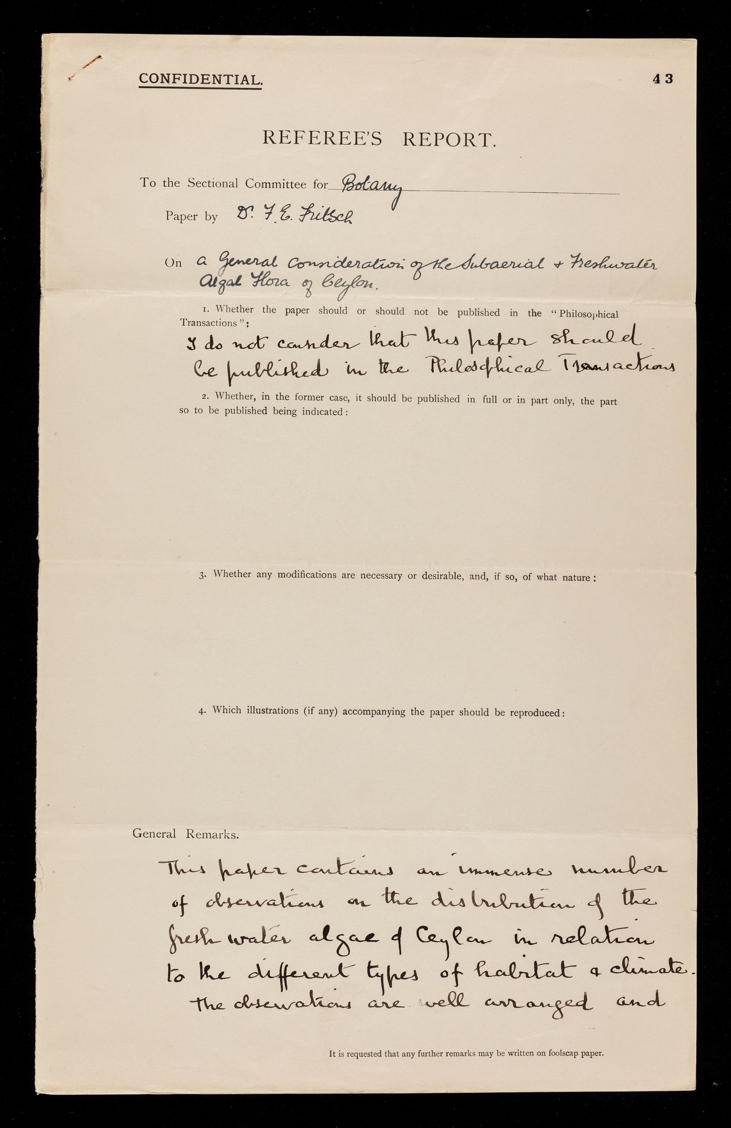 Referee's report by Frederick Frost Blackman, on a paper 'On a general consideration of the ...
