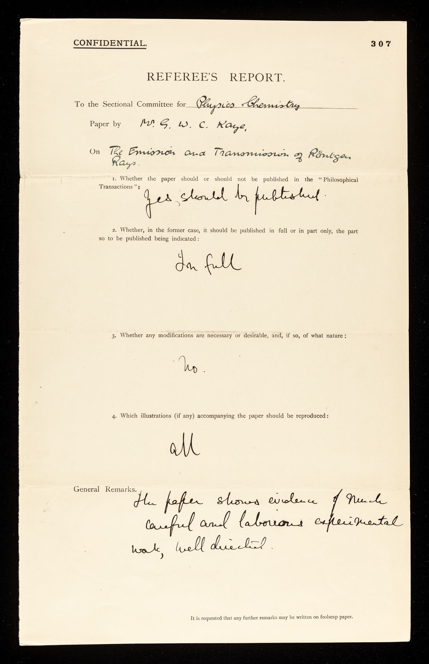 Referee's report by Robert John Strutt, Lord Rayleigh on a paper 'The ...
