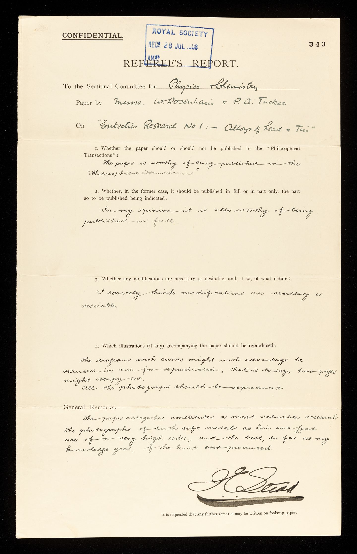 Referee's report by John Edward Stead, on a paper 'Entectics research ...