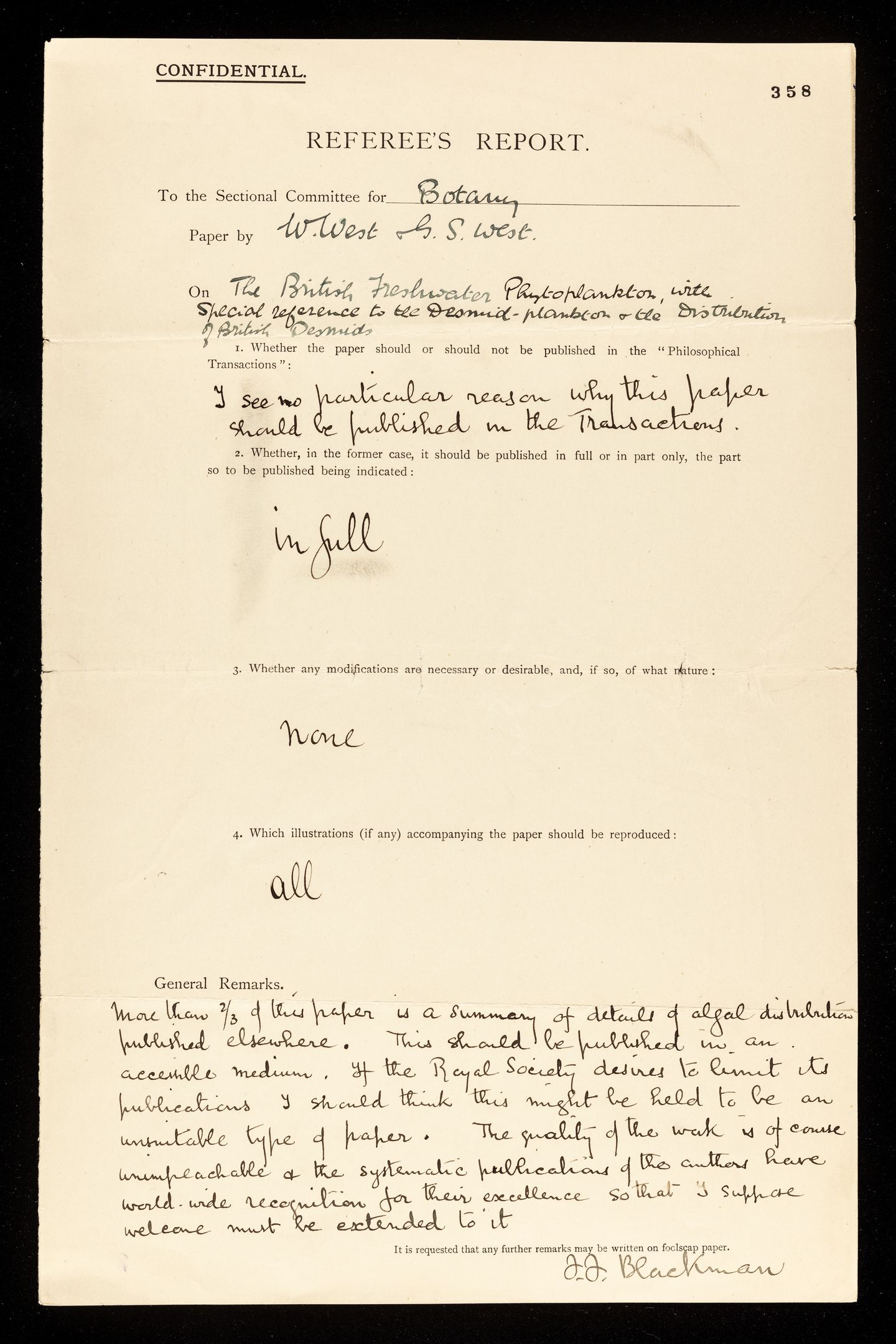 Referee's report by Frederick Frost Blackman, on a paper 'The British freshwater phytoplankton ...