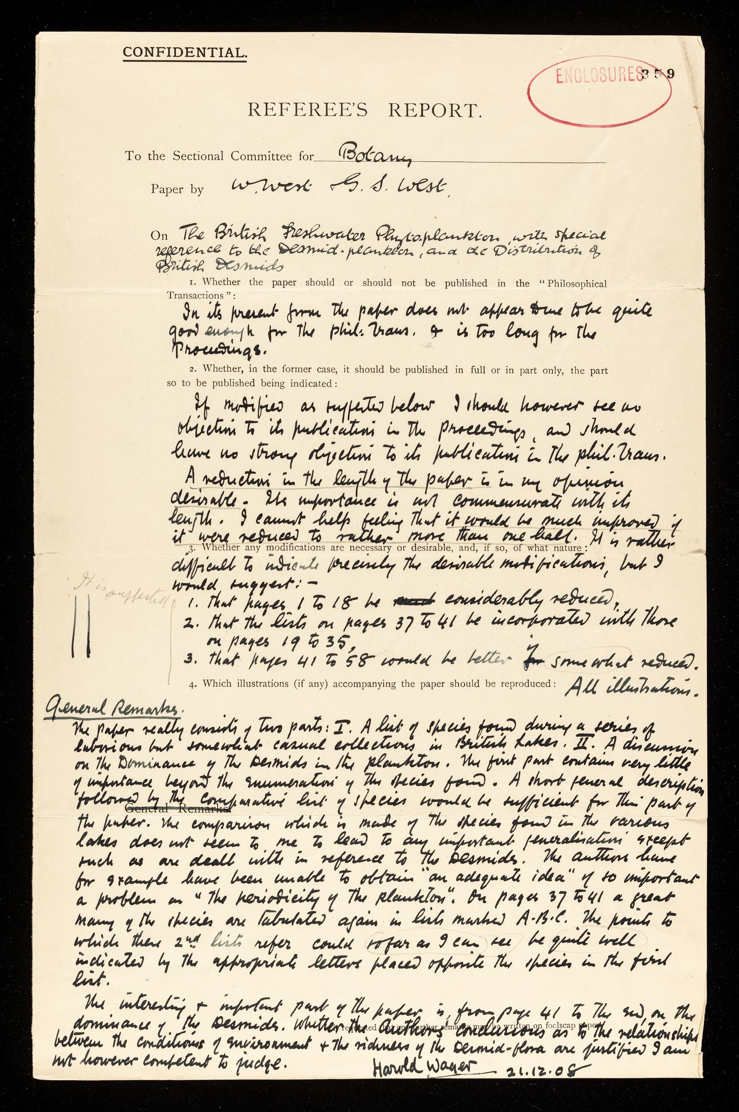 Referee's report by Harold Wager, on a paper 'The British freshwater ...