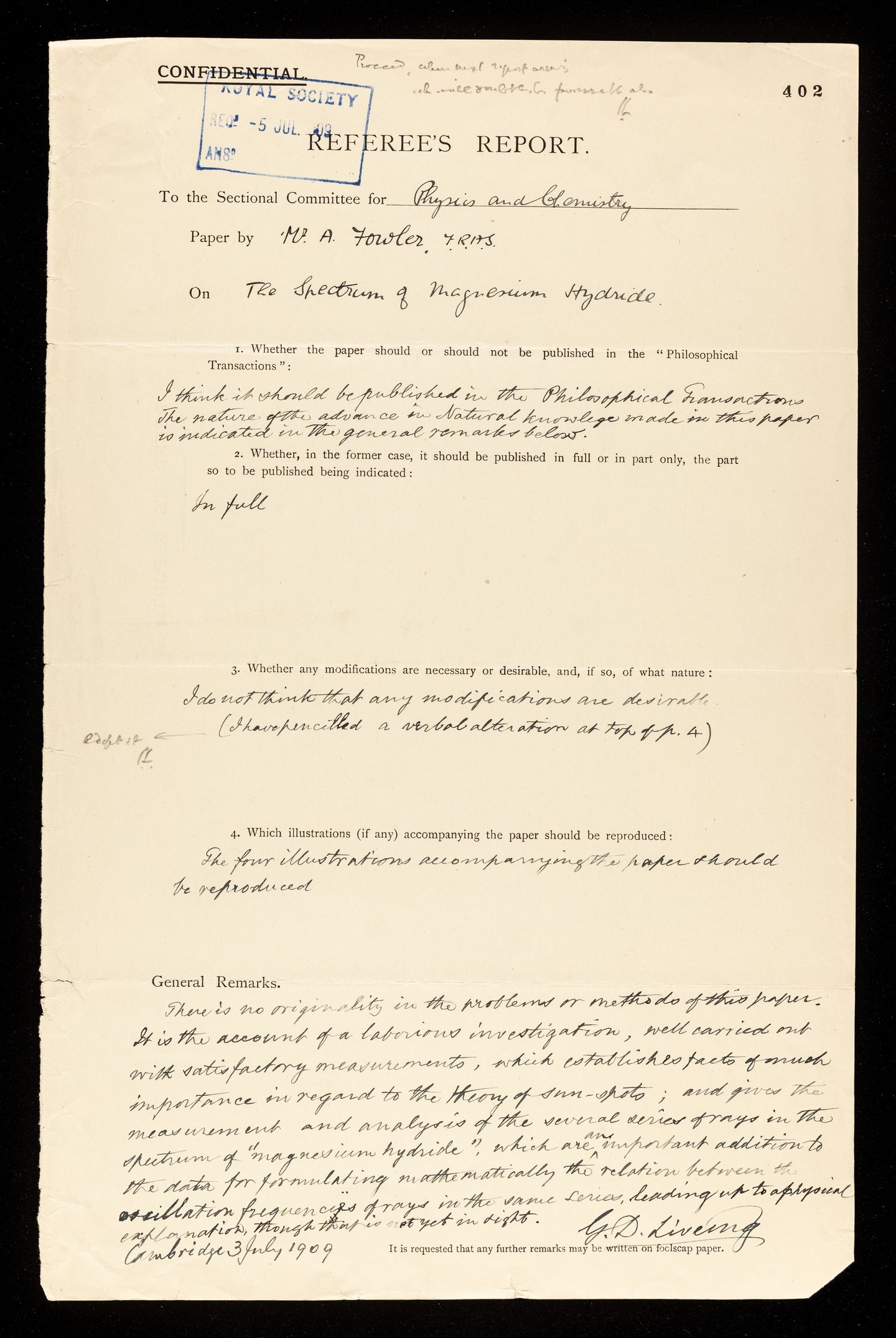 Referee's report by George Downing Liveing, on a paper 'The spectrum of ...