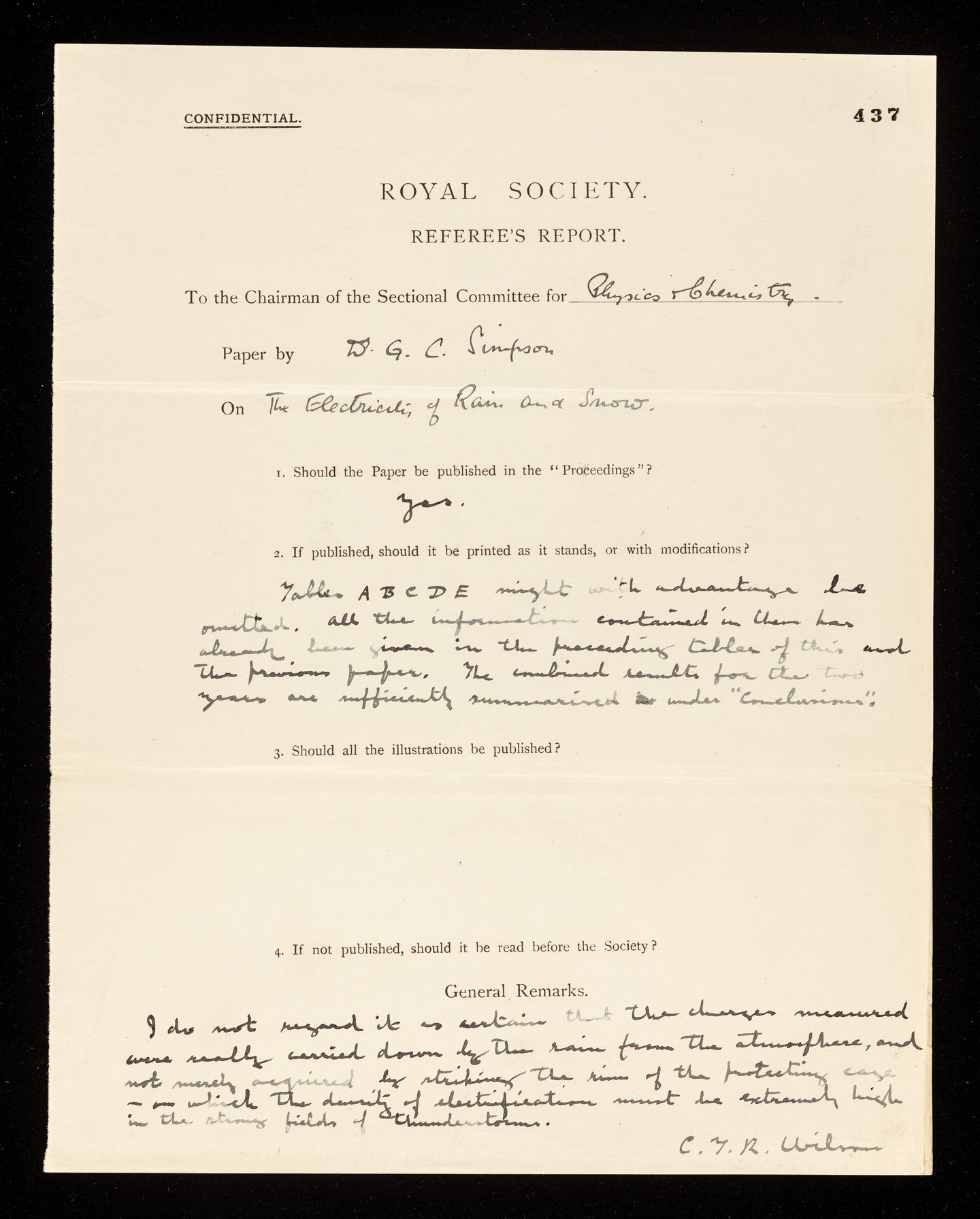 Referee's report by Charles Thomson Rees Wilson, on a paper 'On the ...