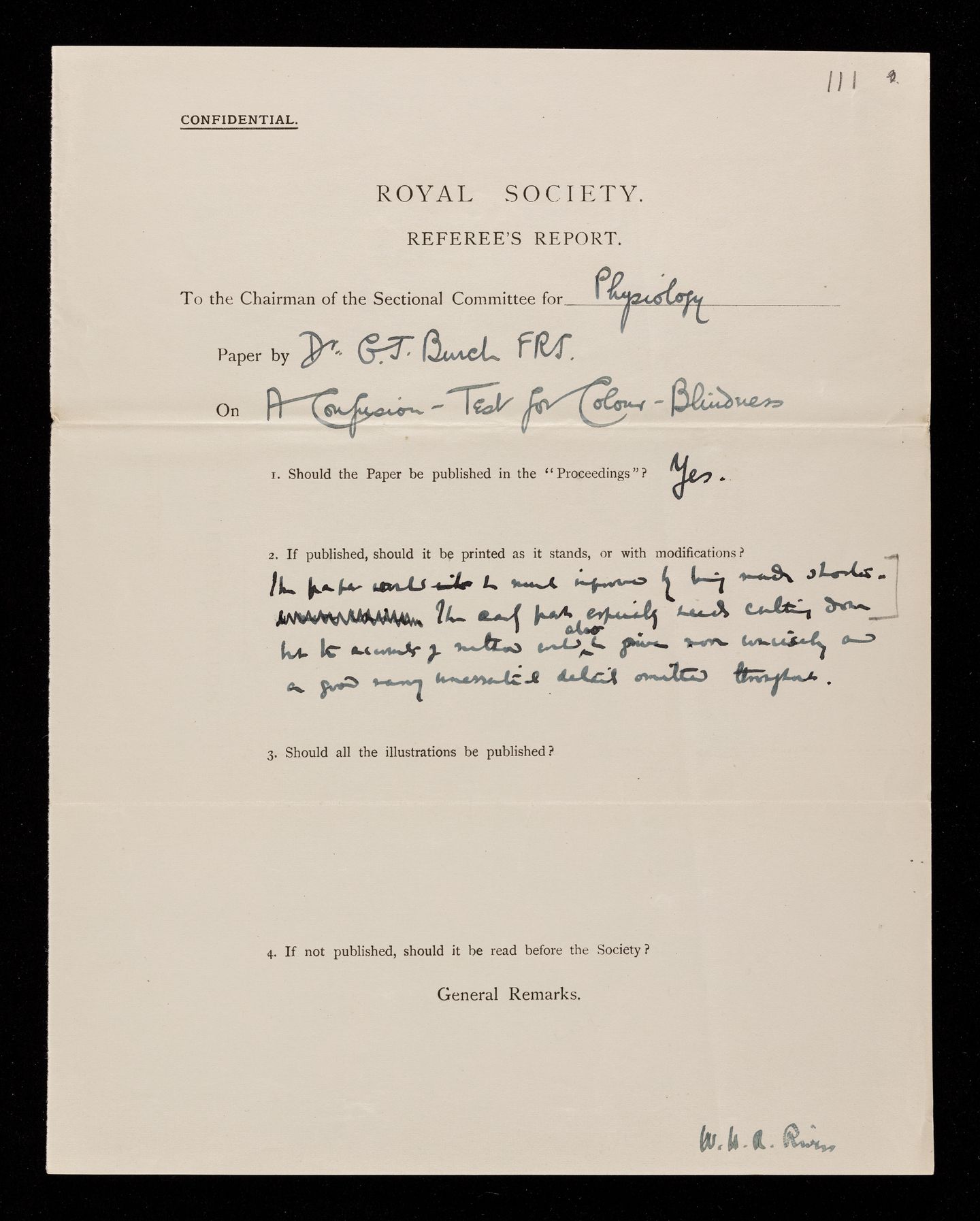 Referee's report by William Halse Rivers, on a paper 'A confusion-test ...