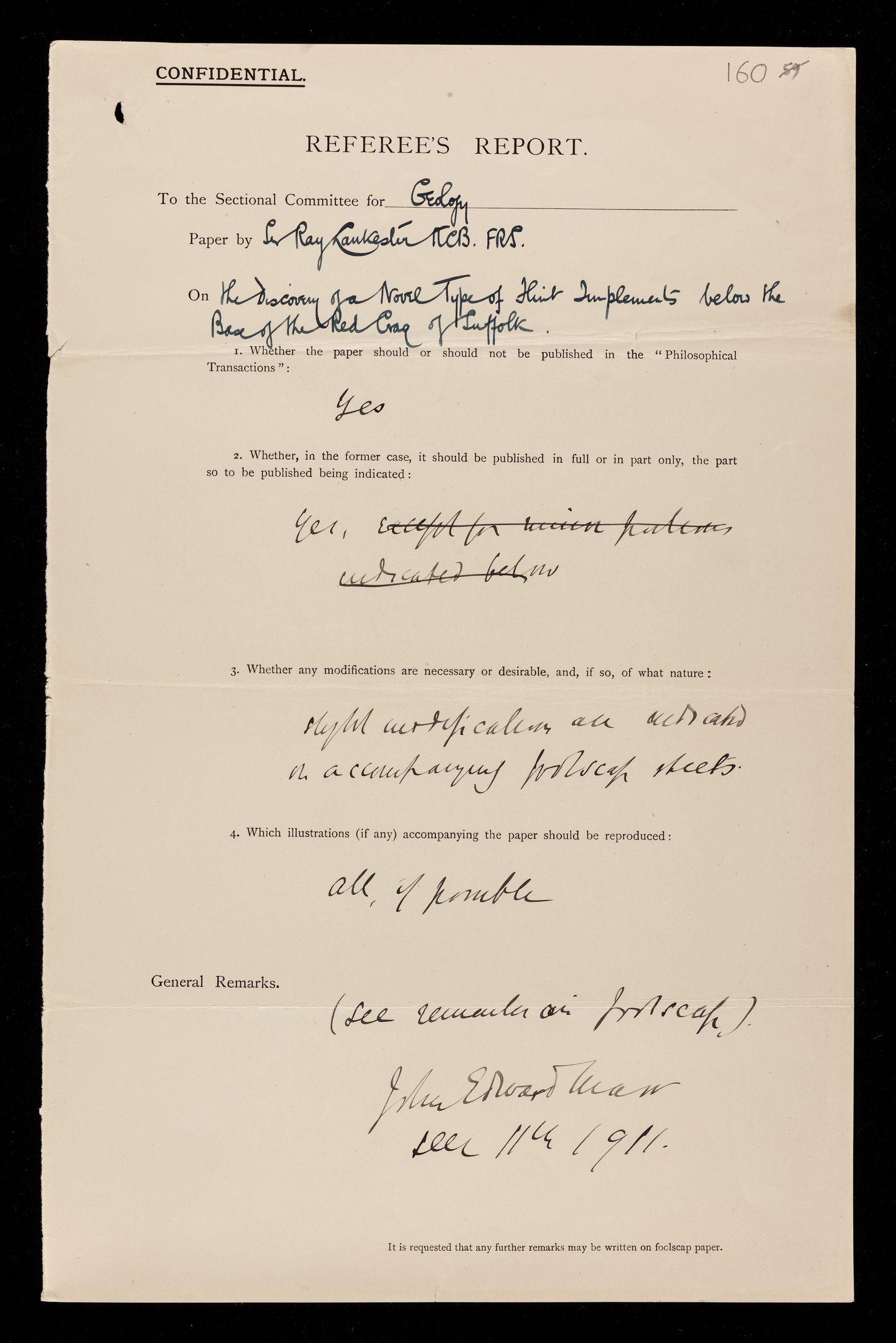 Referee's report by John Edward Marr, on a paper 'On the discovery of a ...