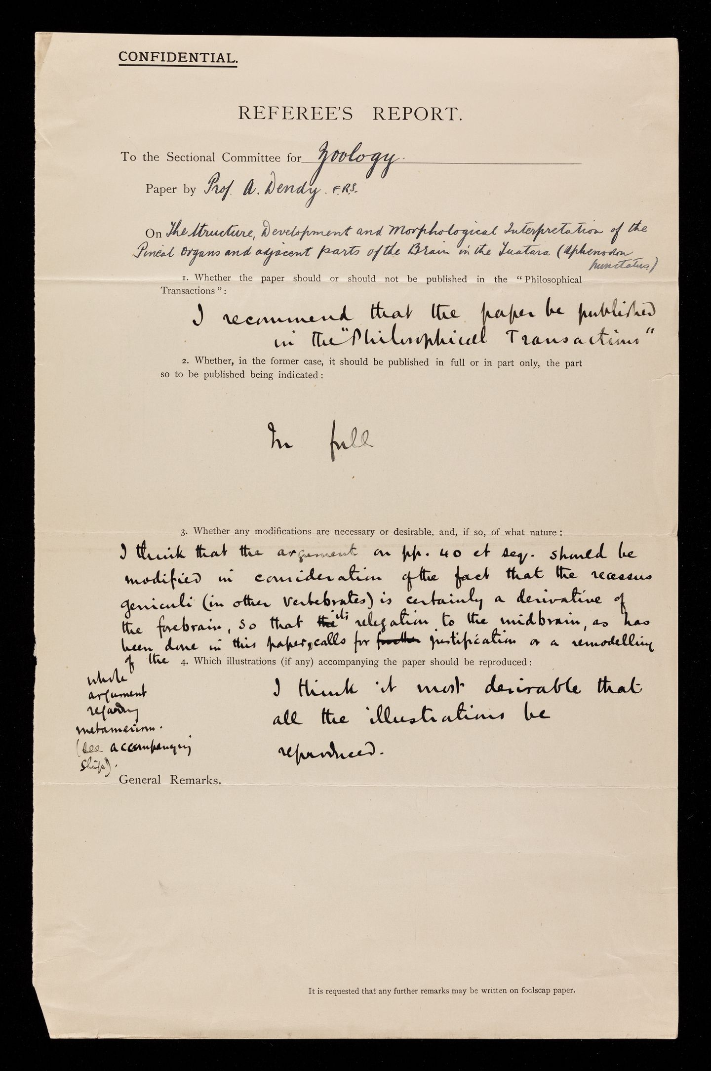 Referee's report by Grafton Elliot Smith, on a paper 'On the structure ...