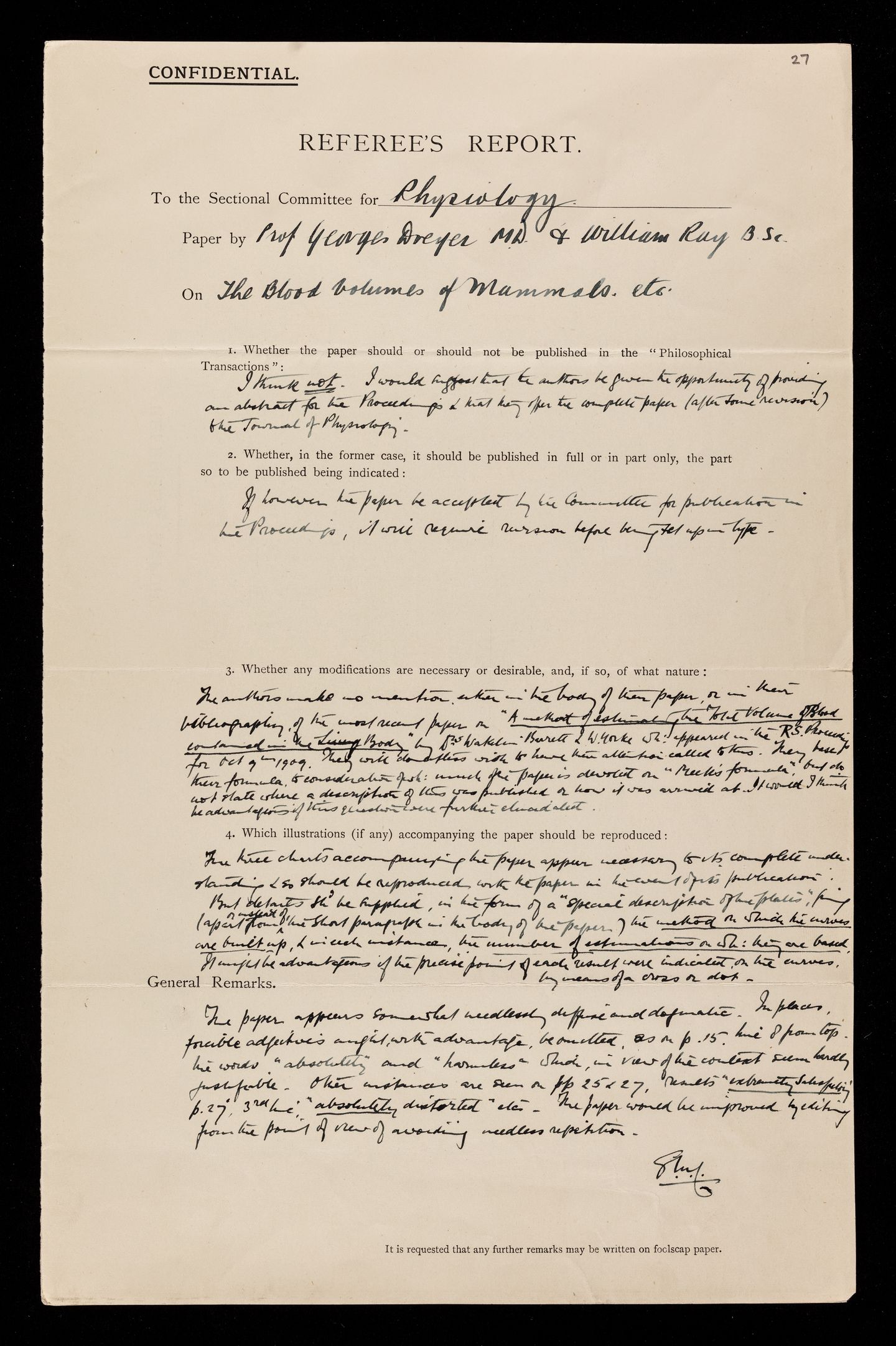 Referee's report by Sydney Monckton Copeman, on a paper 'The blood ...