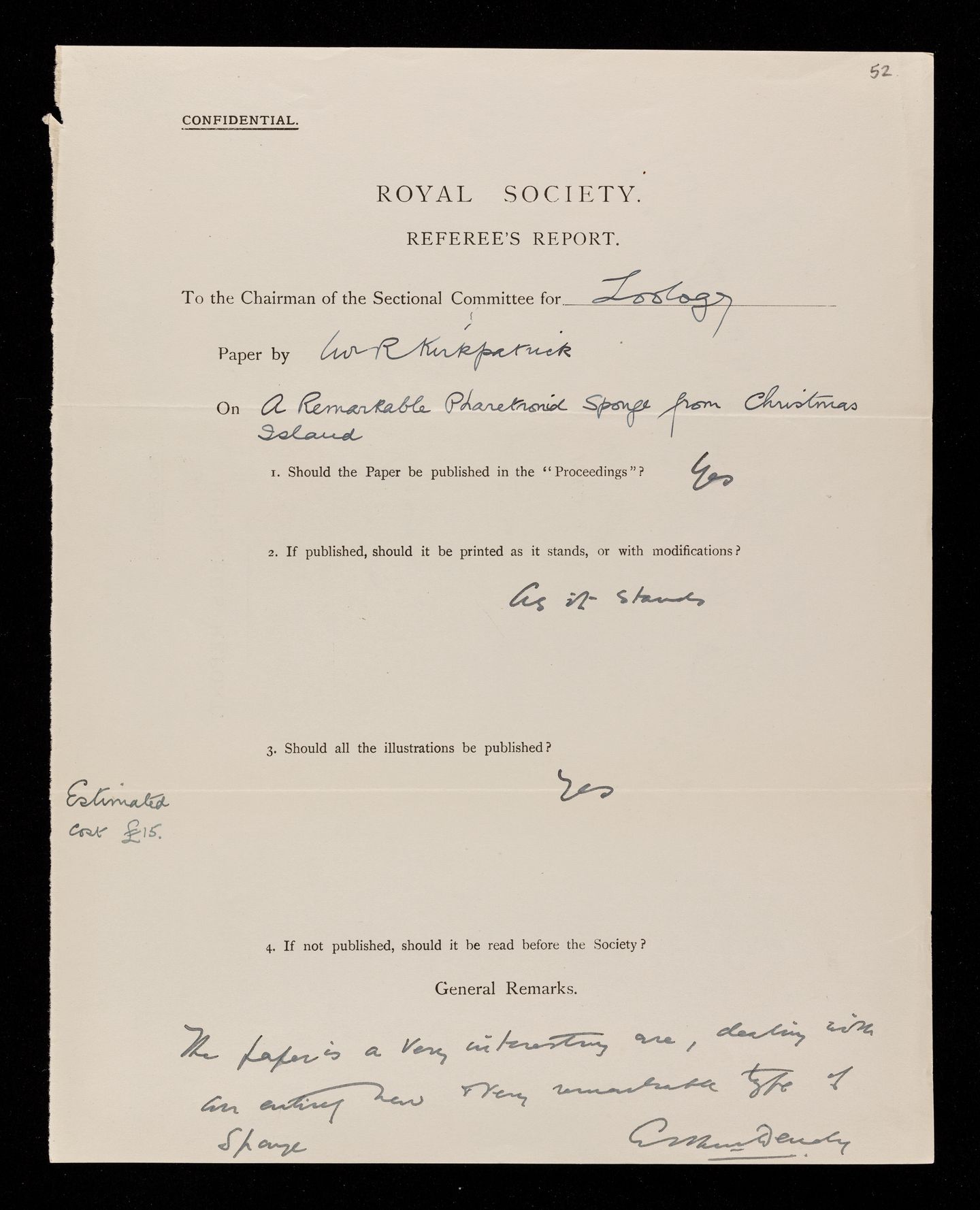 Referee's report by Arthur Dendy, on a paper 'On a remarkable ...