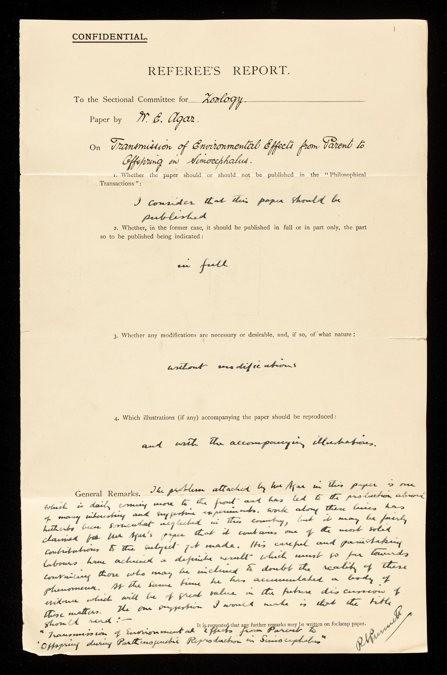 Referee's report by Reginald Crundall Punnett, on a paper 'Transmission ...