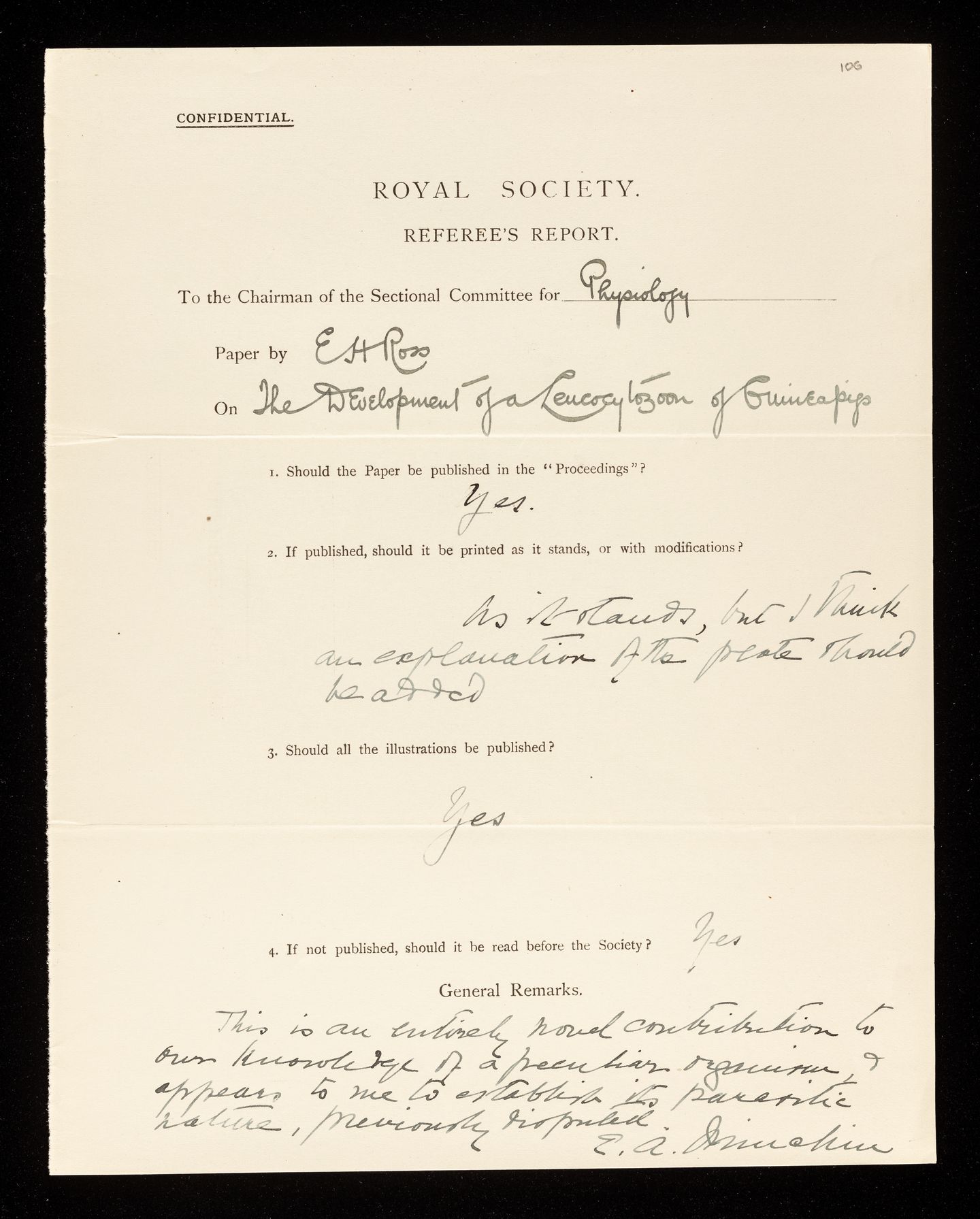 Referee's report by Edward Alfred Minchin, on a paper 'The development ...