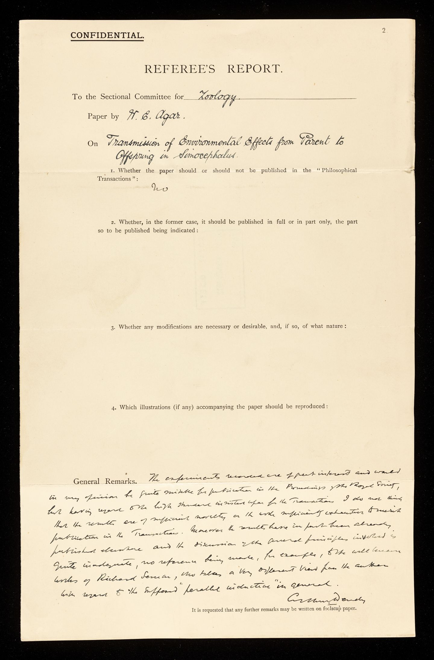 Referee's report by Arthur Dendy, on a paper 'Transmission of ...