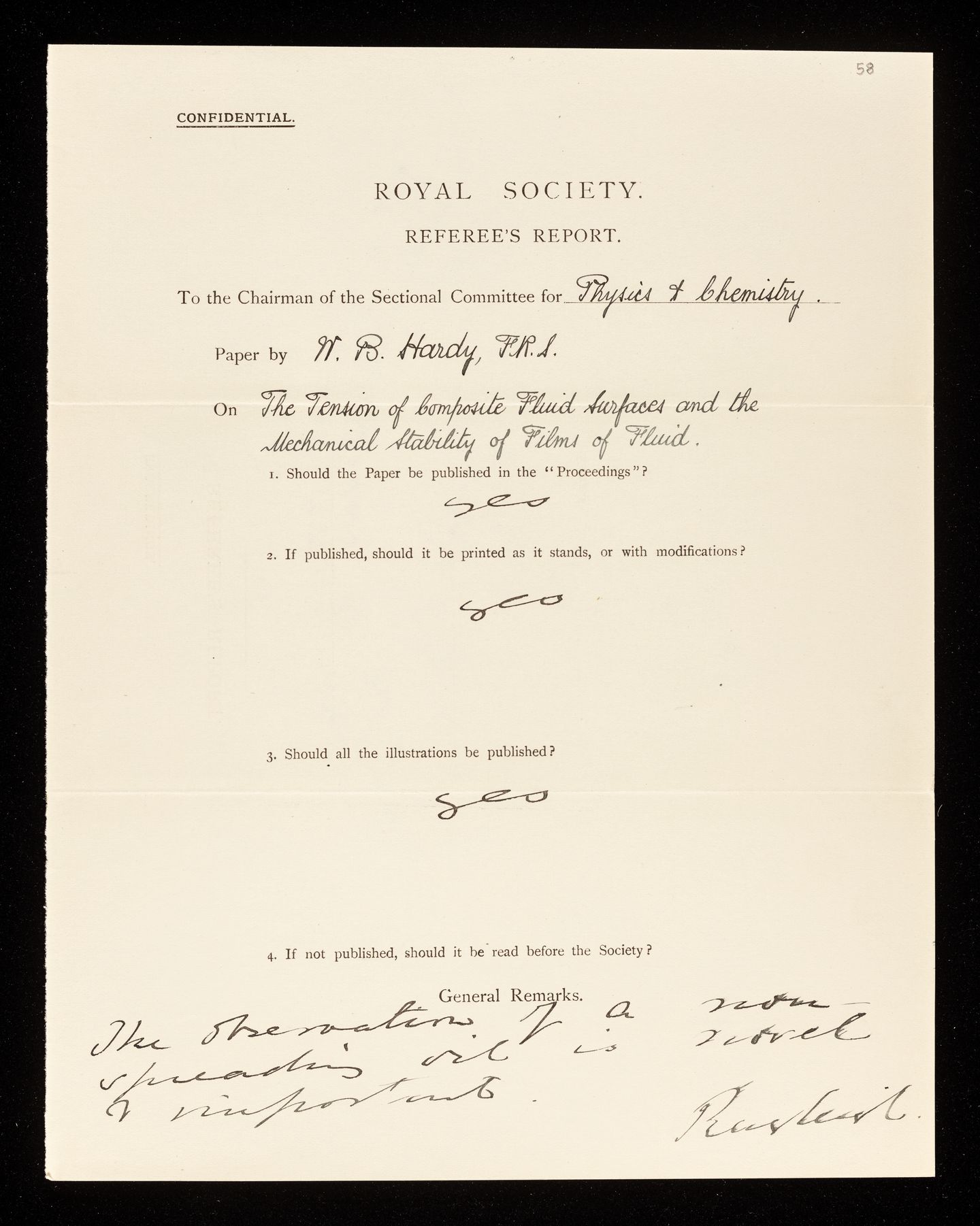 Referee's report by John William Strutt, Lord Rayleigh, on a paper 'The ...