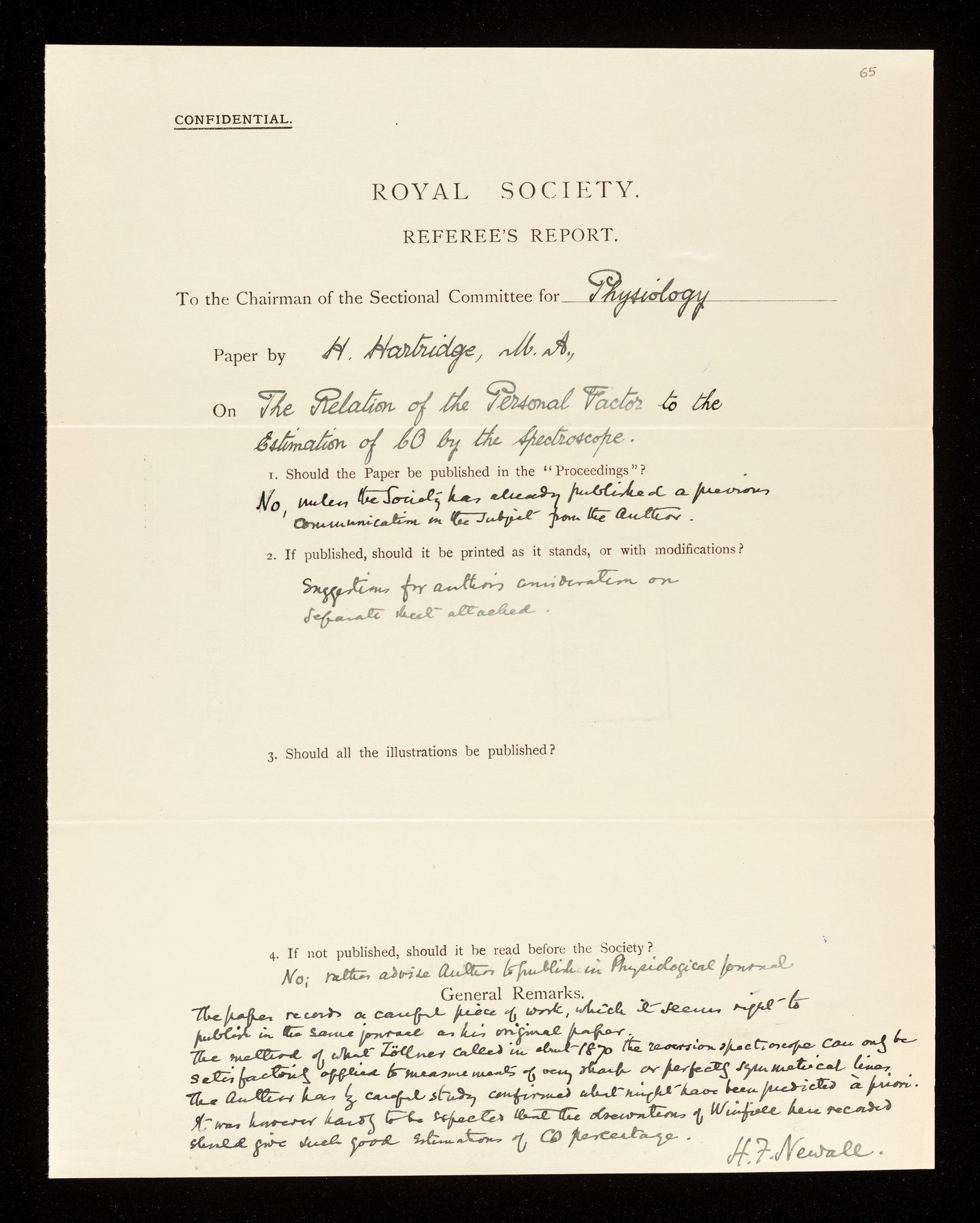 Referee's report by Hugh Frank Newall, on a paper 'The relation of the ...