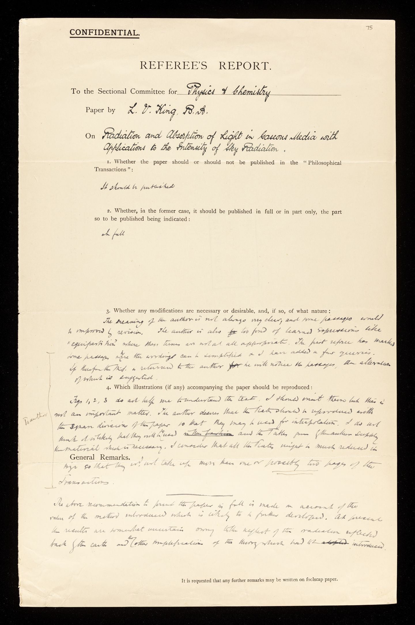 Referee's report by Arthur Schuster, on a paper 'On the scattering and ...
