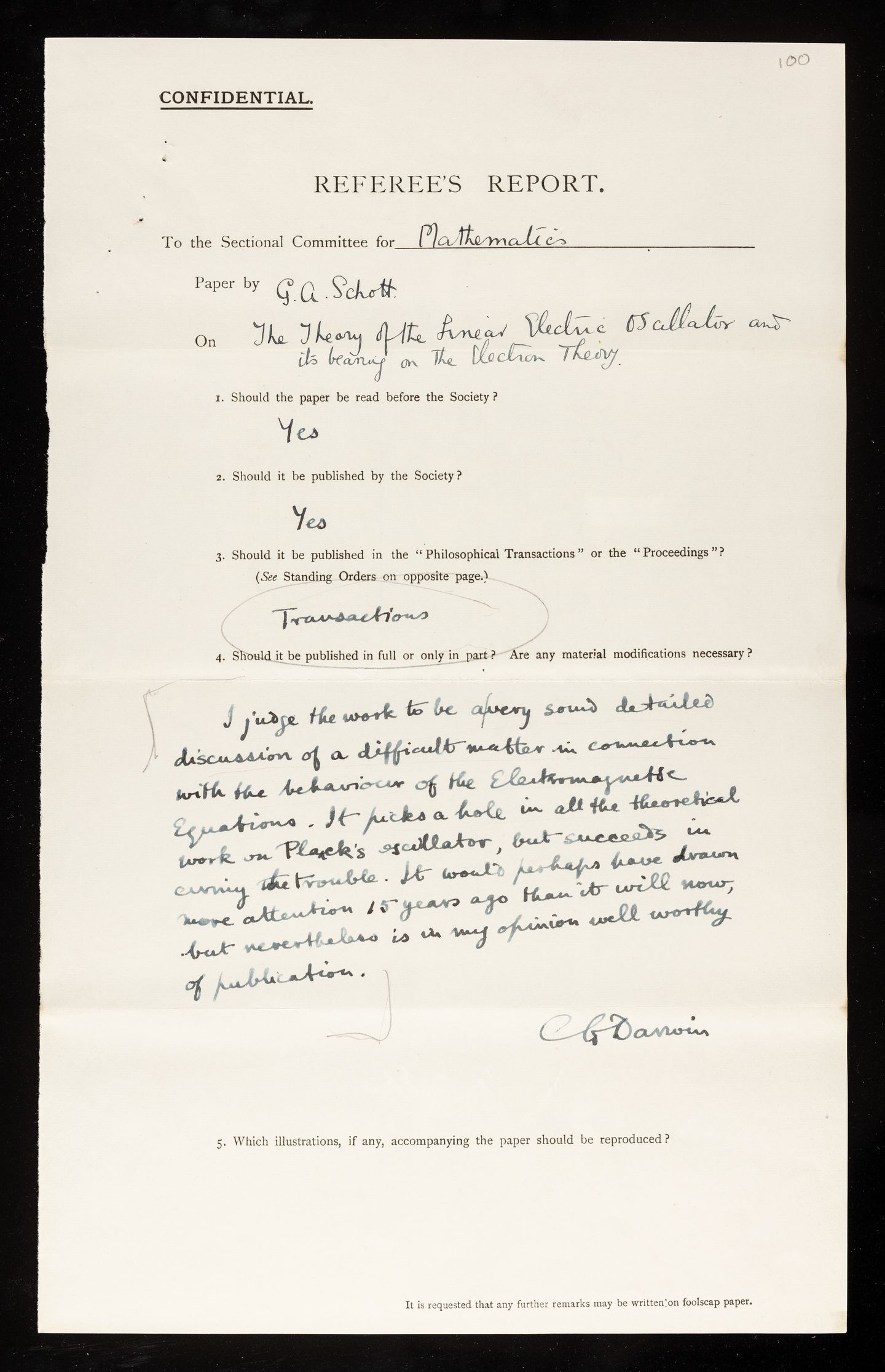 Referee's report by Charles Galton Darwin, on a paper 'The theory of ...