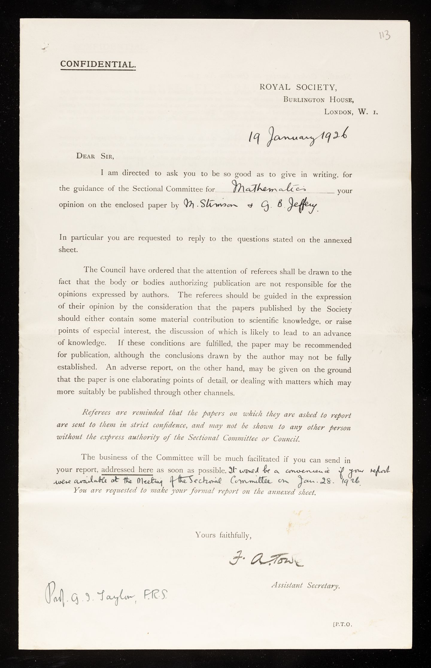 Referee's report by Geoffrey Ingram Taylor, on a paper 'The motion of ...