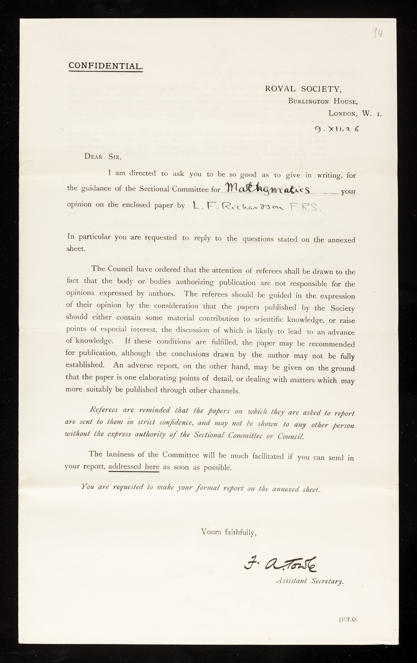 Referee's report by Ralph Howard Fowler, on a paper 'The deferred ...