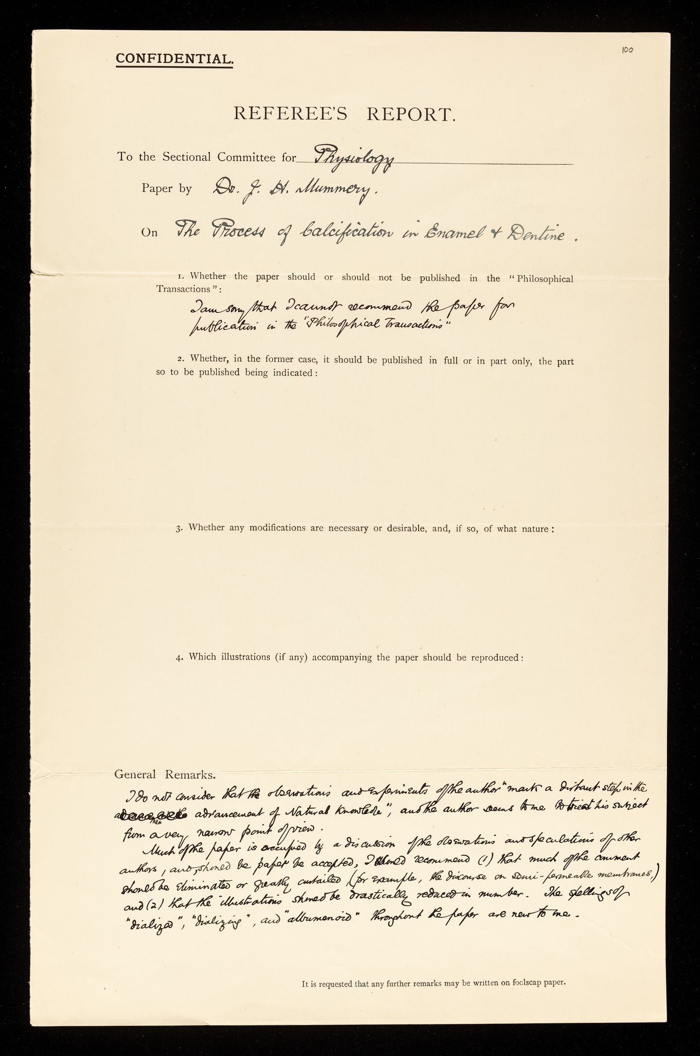 Referee's report by Hugh Kerr Anderson, on a paper 'On the process of ...