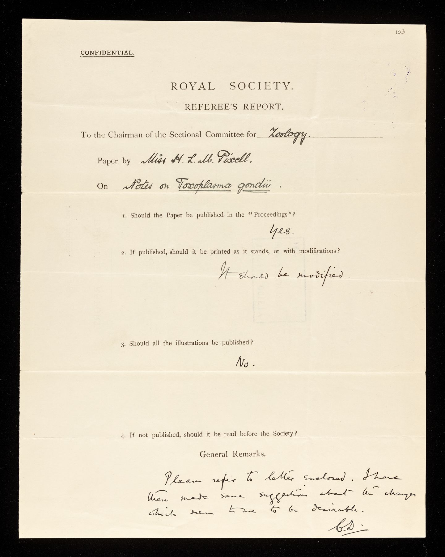 Referee's report by Cecil Clifford Dobell, on a paper 'Notes on ...