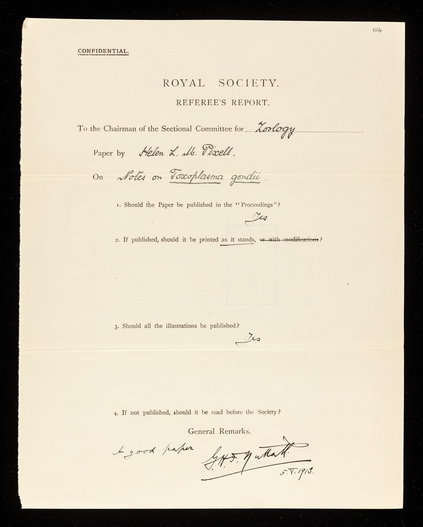 Referee's report by George Henry Falkiner Nuttall on a paper 'Notes on ...