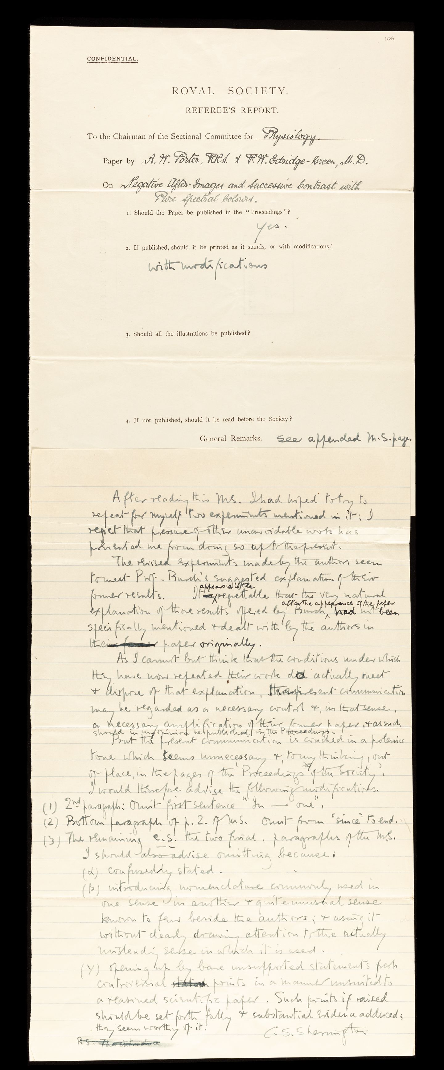 Referee's report by Charles Scott Sherrington, on a paper 'Negative ...
