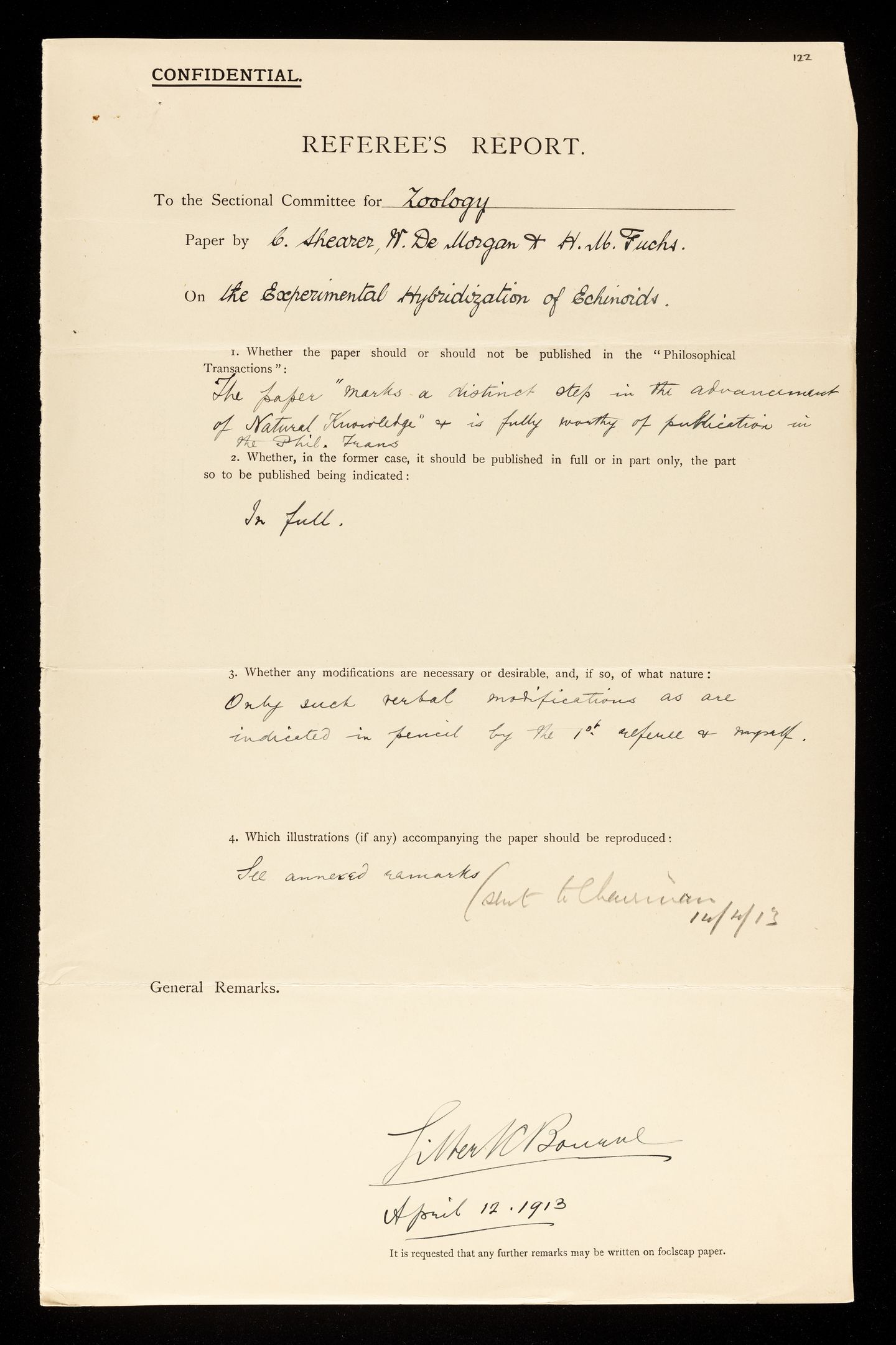Referee's report by Gilbert Charles Bourne, on a paper 'On the ...