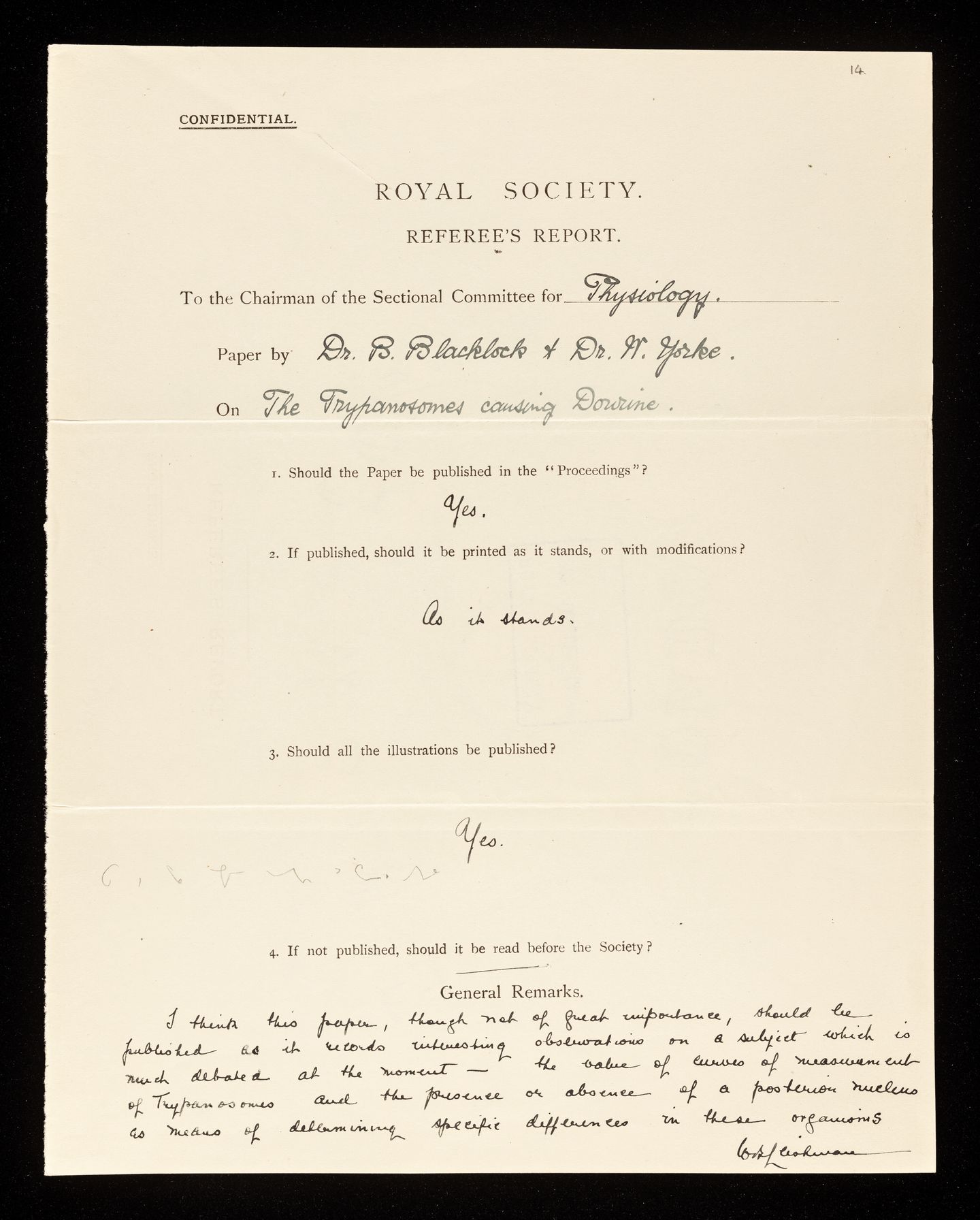 Referee's report by William Boog Leishman, on a paper 'The Trypanosomes ...