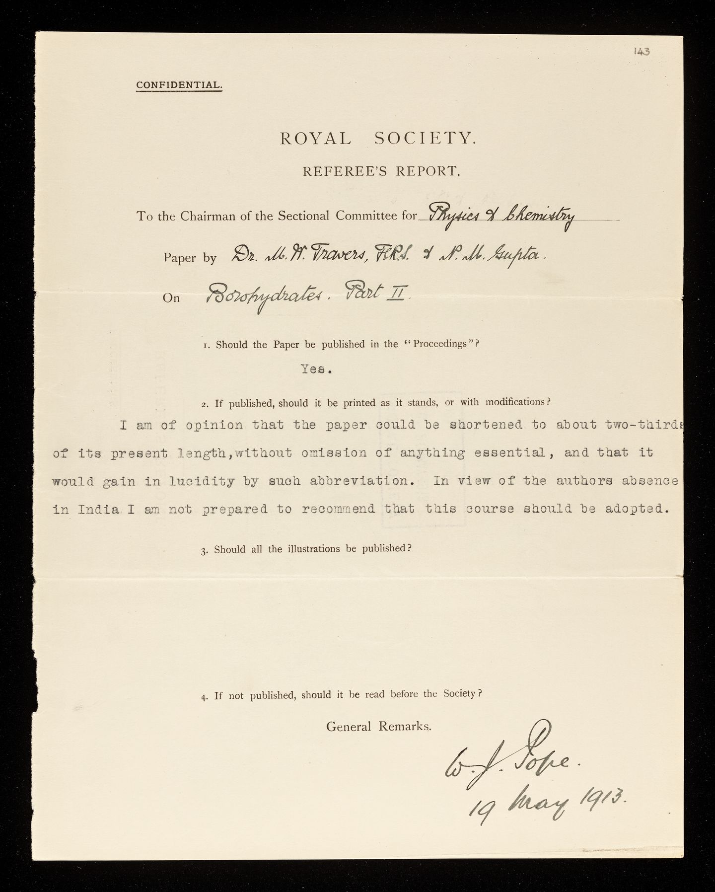 Referee's report by William Jackson Pope, on a paper 'Borohydrates part ...
