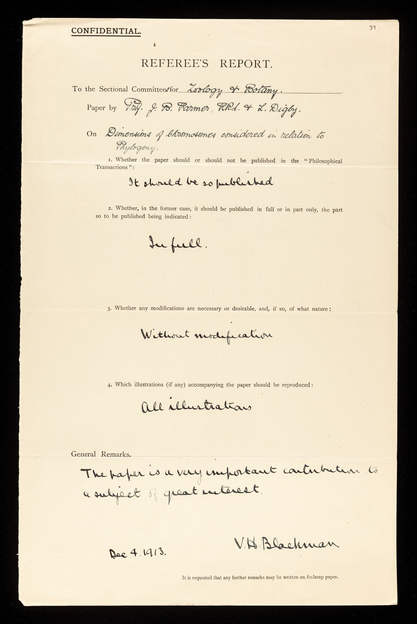 Referee's report by Vernon Herbert Blackman, on a paper 'On dimensions of chromosomes considered ...