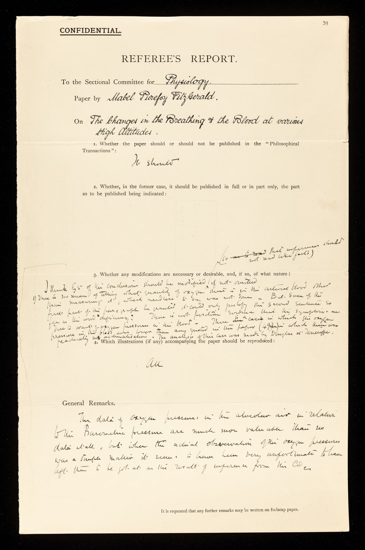 Referee's report by Joseph Barcroft, on a paper 'The changes in the ...