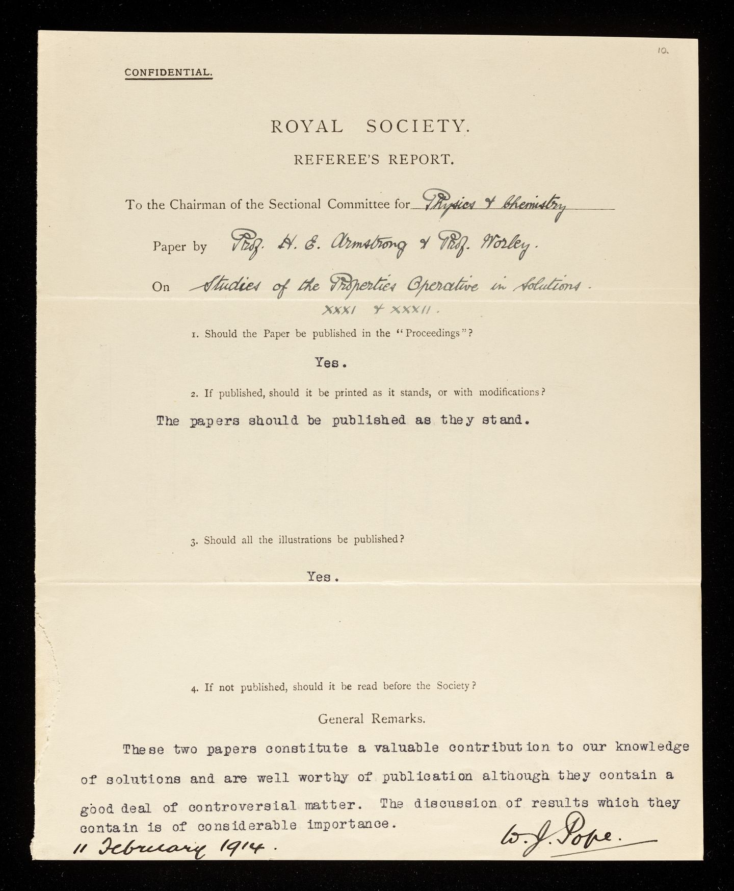 Referee's report by William Jackson Pope, on two papers 'Studies of the ...