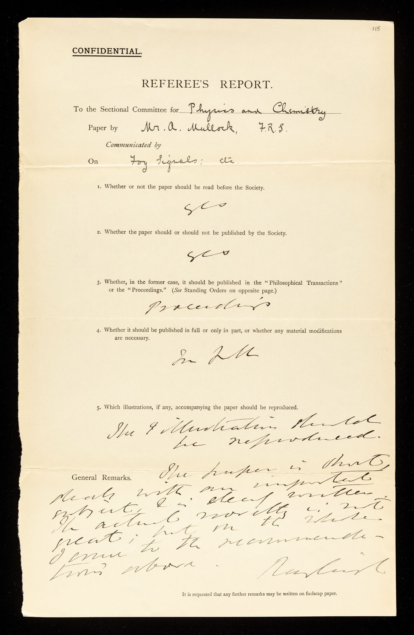 Referee's report by John William Strutt, Lord Rayleigh, on a paper 'Fog ...