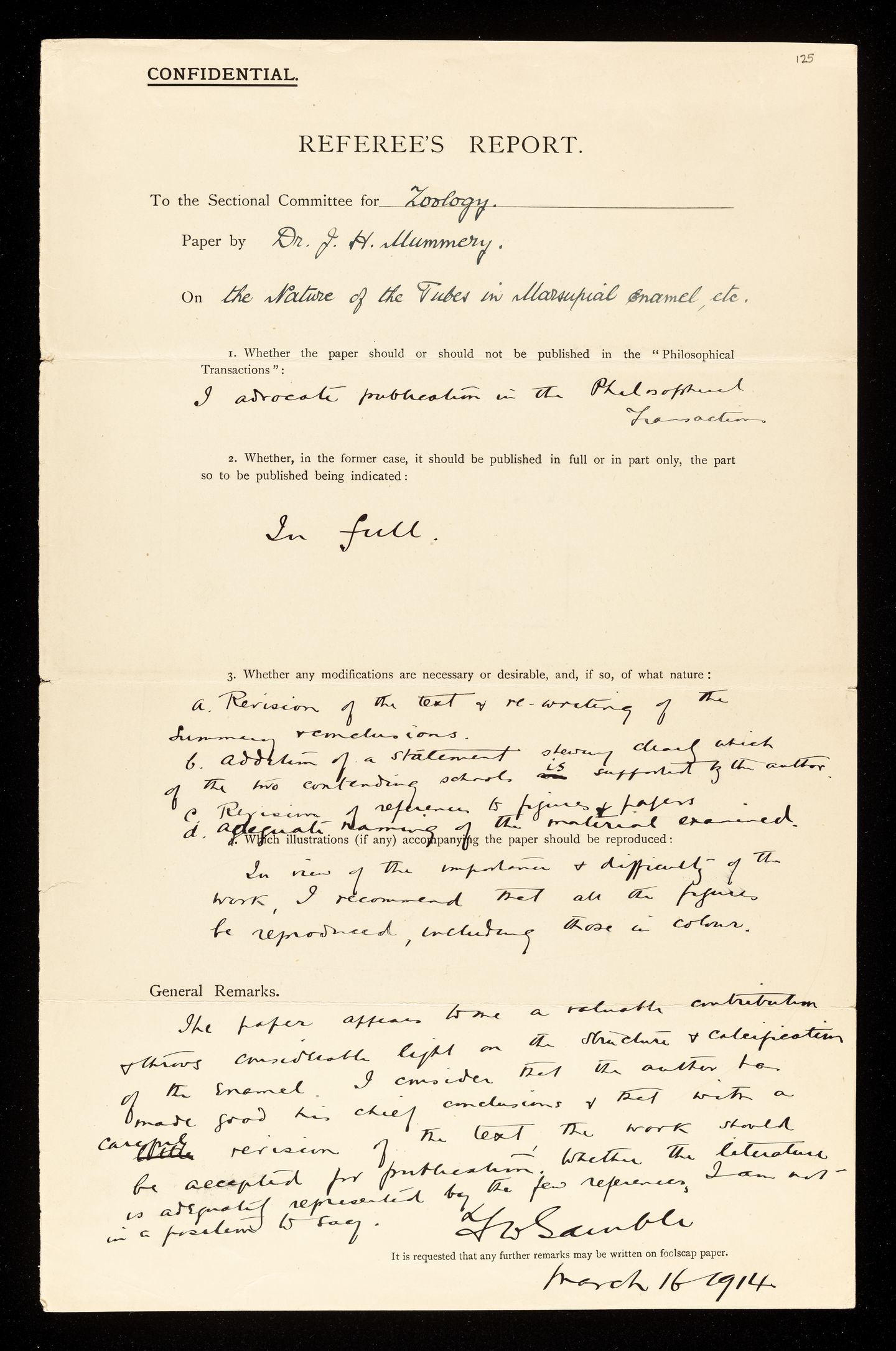 Referee's report by Frederick William Gamble, on a paper 'On the nature ...