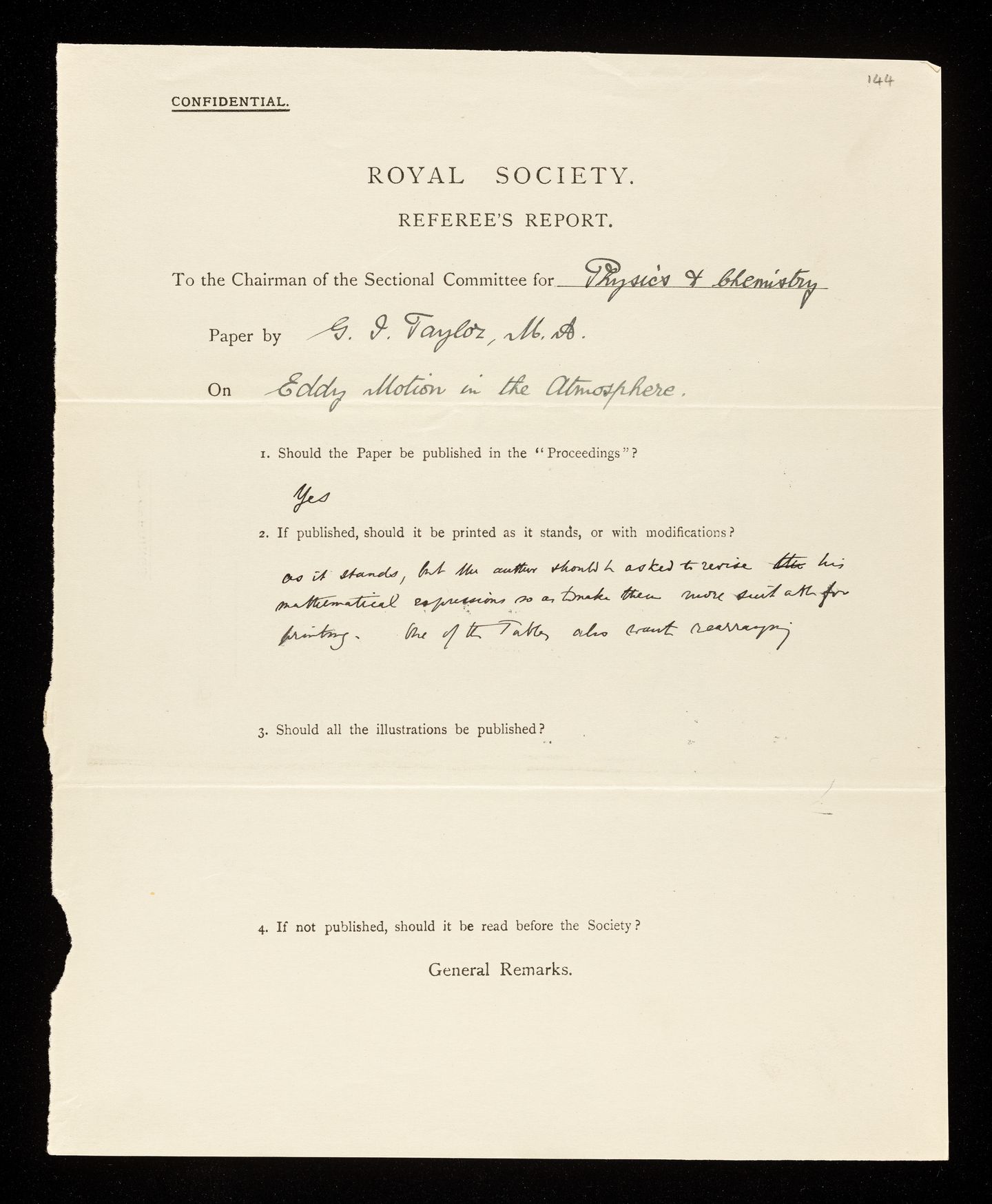 Referee's report by Arthur Schuster, on a paper 'Eddy motion in the ...