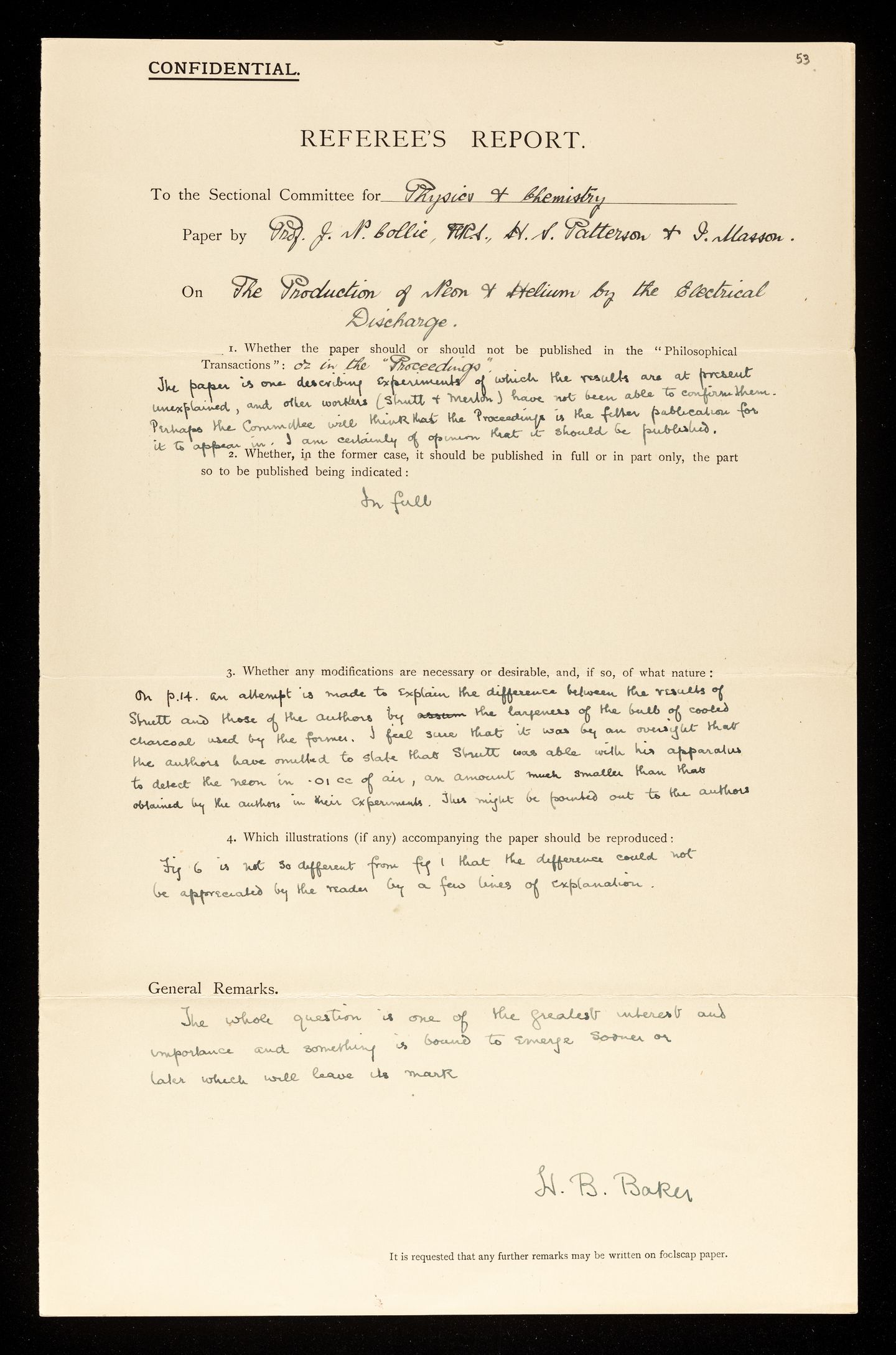 Referee's report by Herbert Brereton Baker, on a paper 'The production of neon and helium by the ...